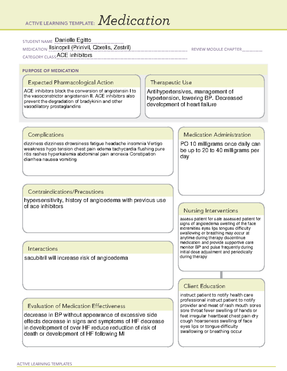 Lisinopril med Template for learning - NUR1015 - Studocu