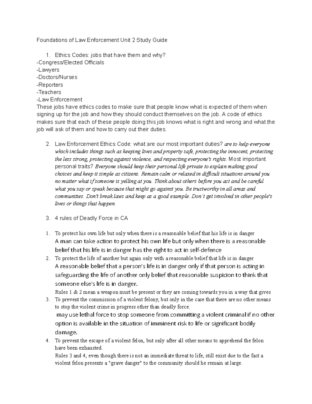 Foundations of Law Enforcement Unit 2 Study Guide - A code of ethics ...