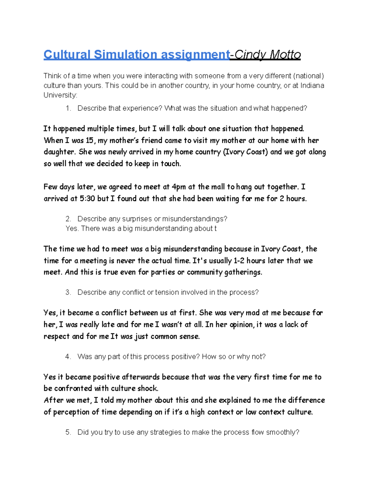 Cultural Simulation assignment - This could be in another country, in ...