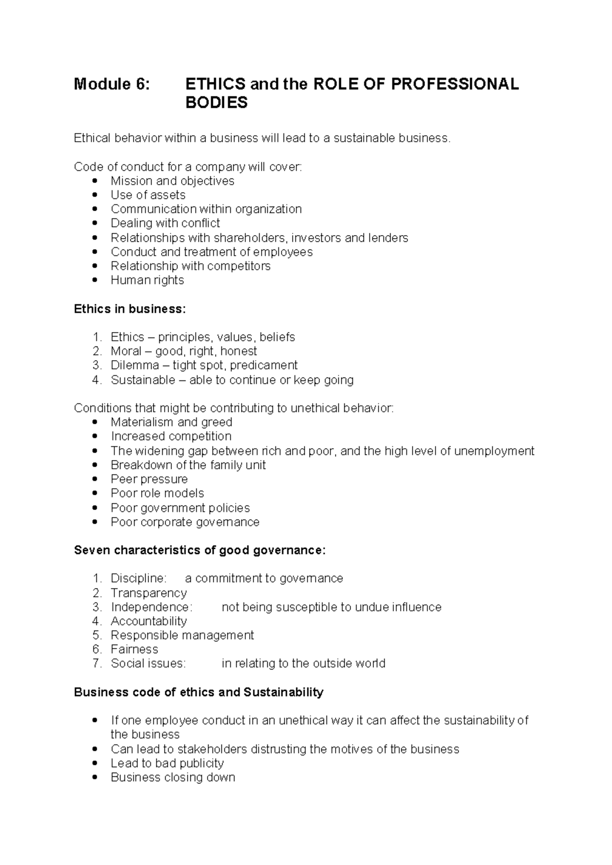 Module 6 and 9 Ethics, Corporate Governance and Role of Professional ...