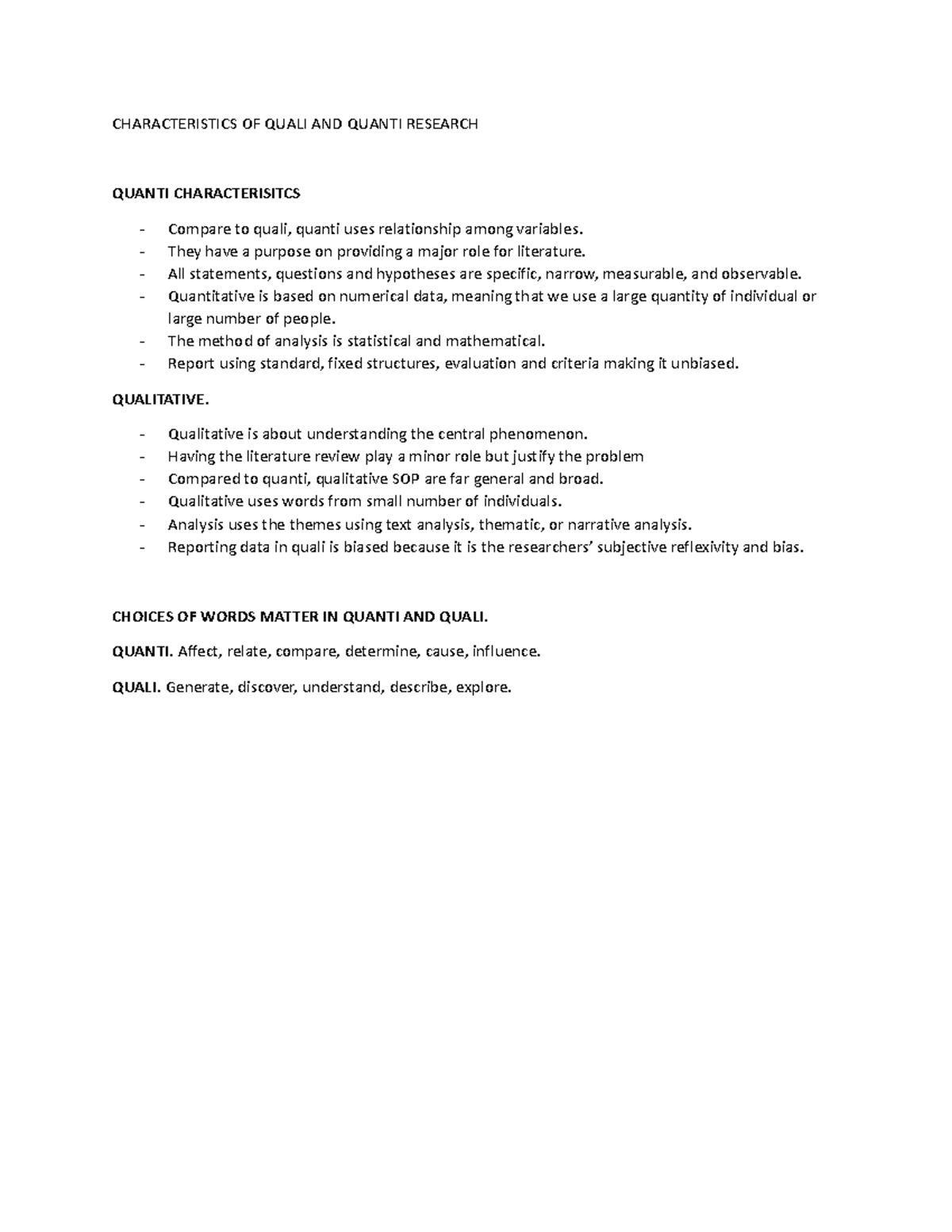 Characteristics OF Quali AND Quanti Research - CHARACTERISTICS OF QUALI ...