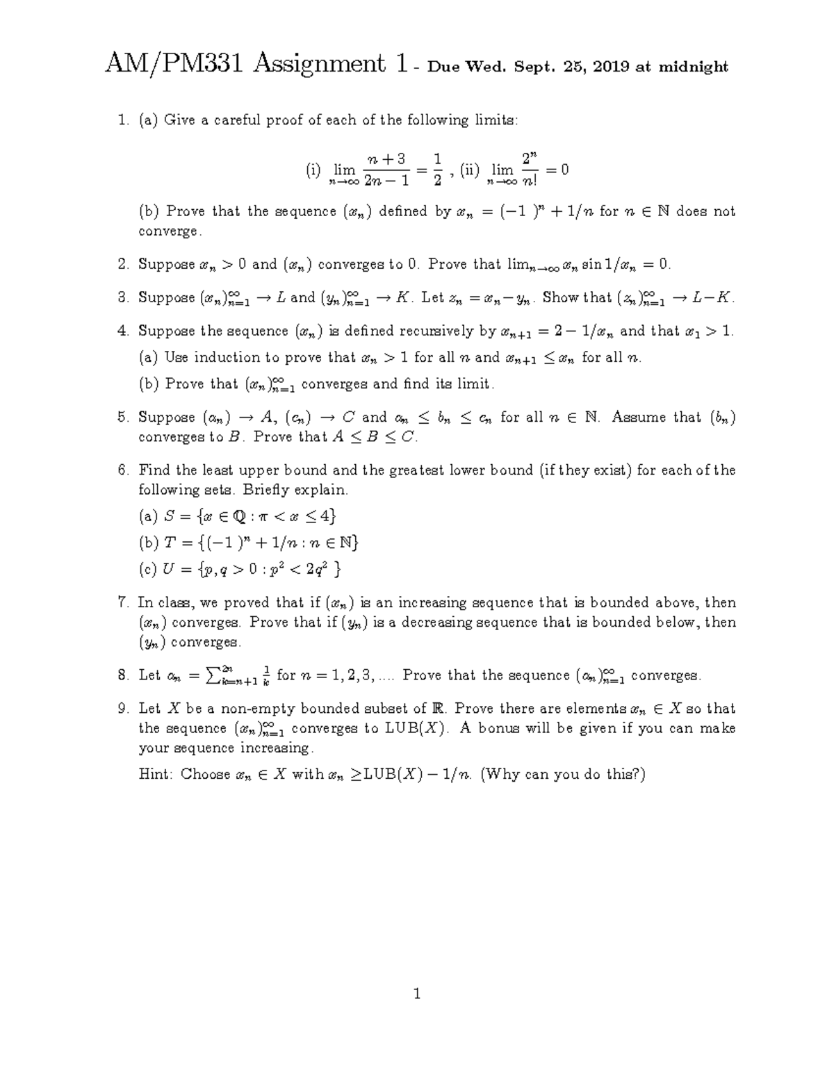 A. Pmath.331 - assignment - AM/PM331 Assignment 1 - Due Wed. Sept. 25, 2019 at midnight (a) Give ...