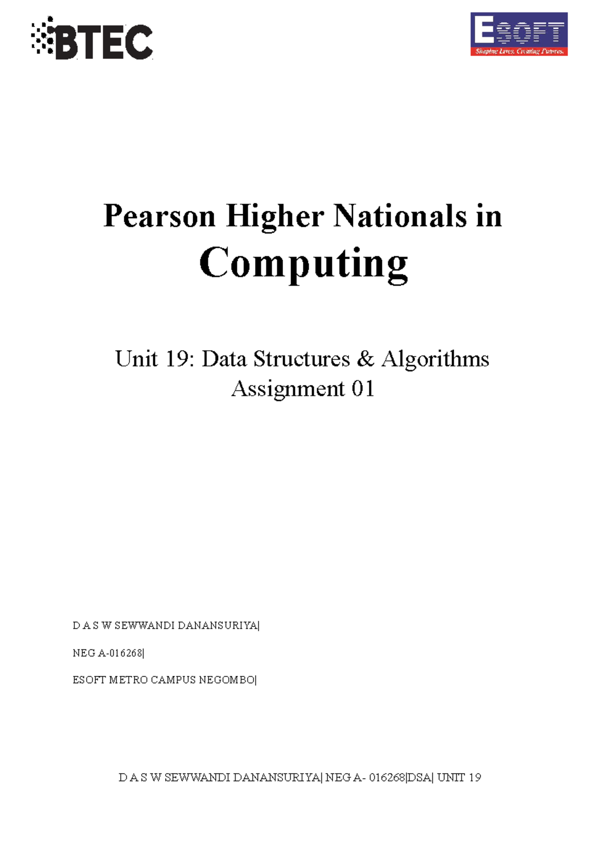 Dsa Shashini 123 Pearson Higher Nationals In Computing Unit 19 Data Structures And Algorithms