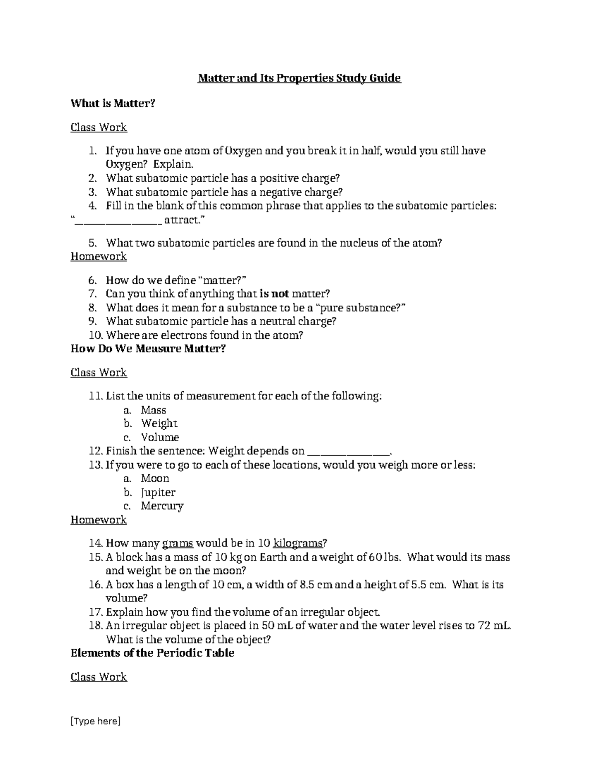 Study Guide Matter and interactions - Matter and Its Properties Study ...
