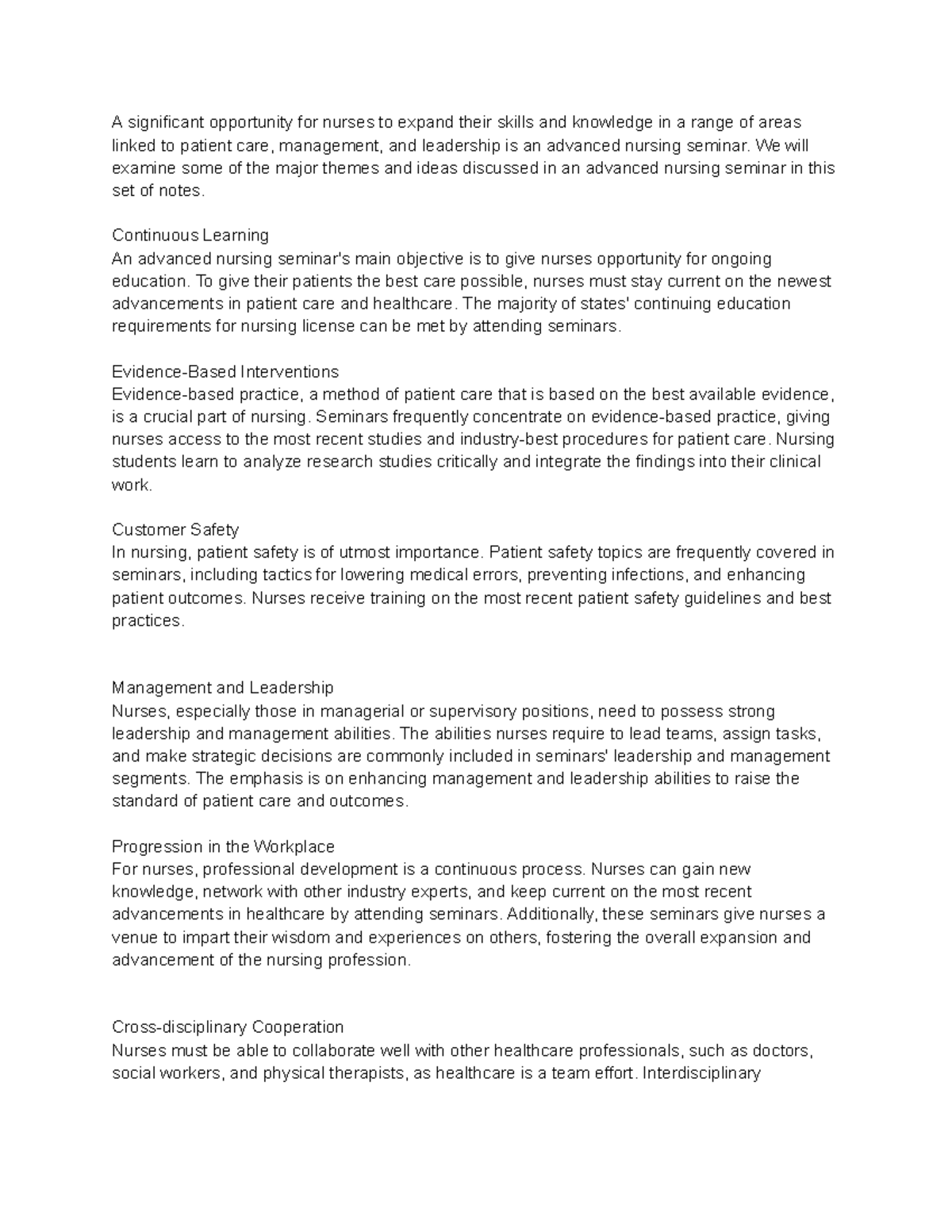 Notes on Advanced Nursing Seminar - A significant opportunity for ...