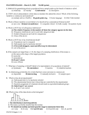 Quiz1 - Quiz 1 sample - STAT 29555 QUIZ #1 – March 16, 2022 NAME (print