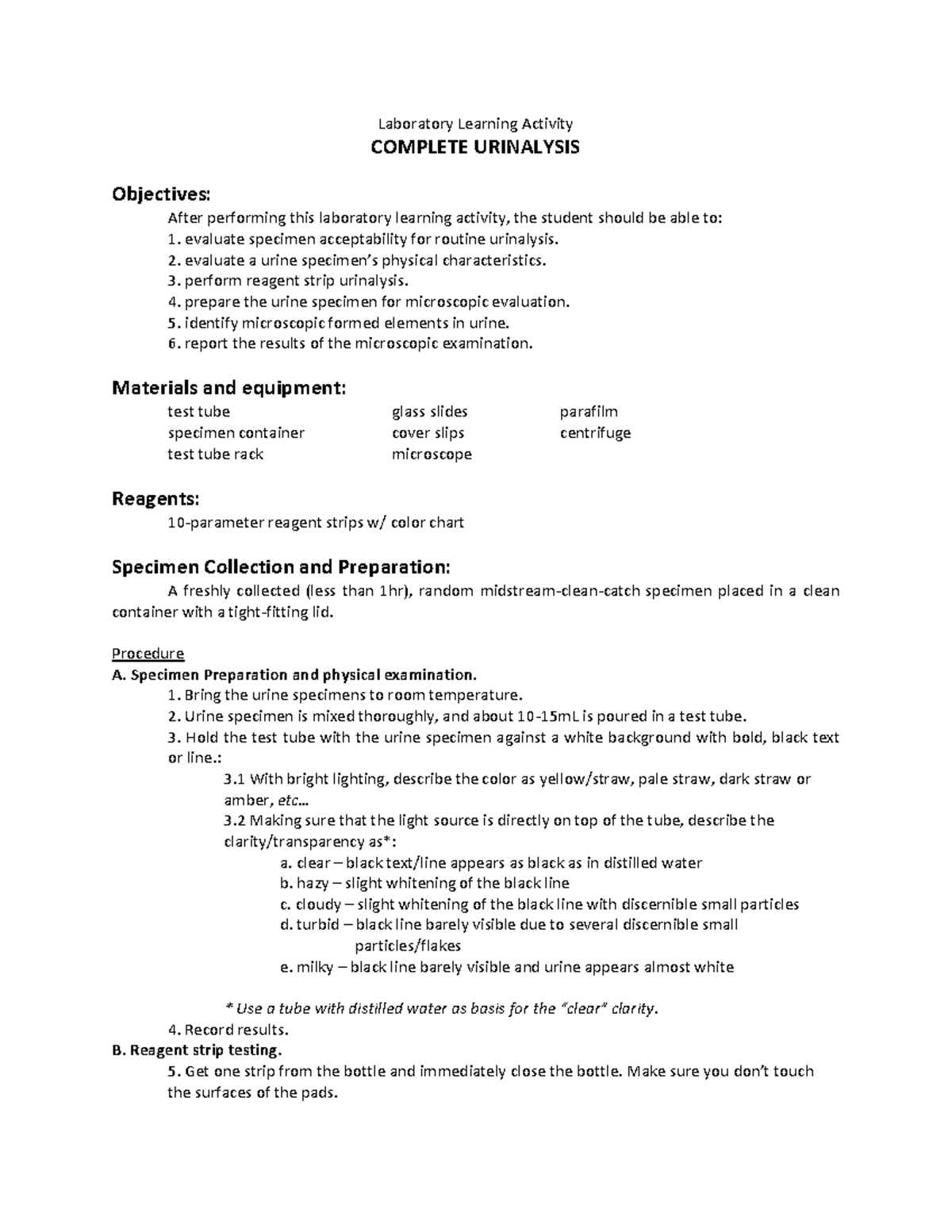 Complete Urinalysis, Finals Return Demonstration - Laboratory Learning ...