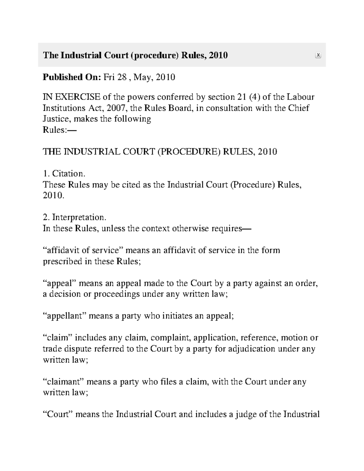 The Industrial Court Rules 2010 - The Industrial Court (procedure ...
