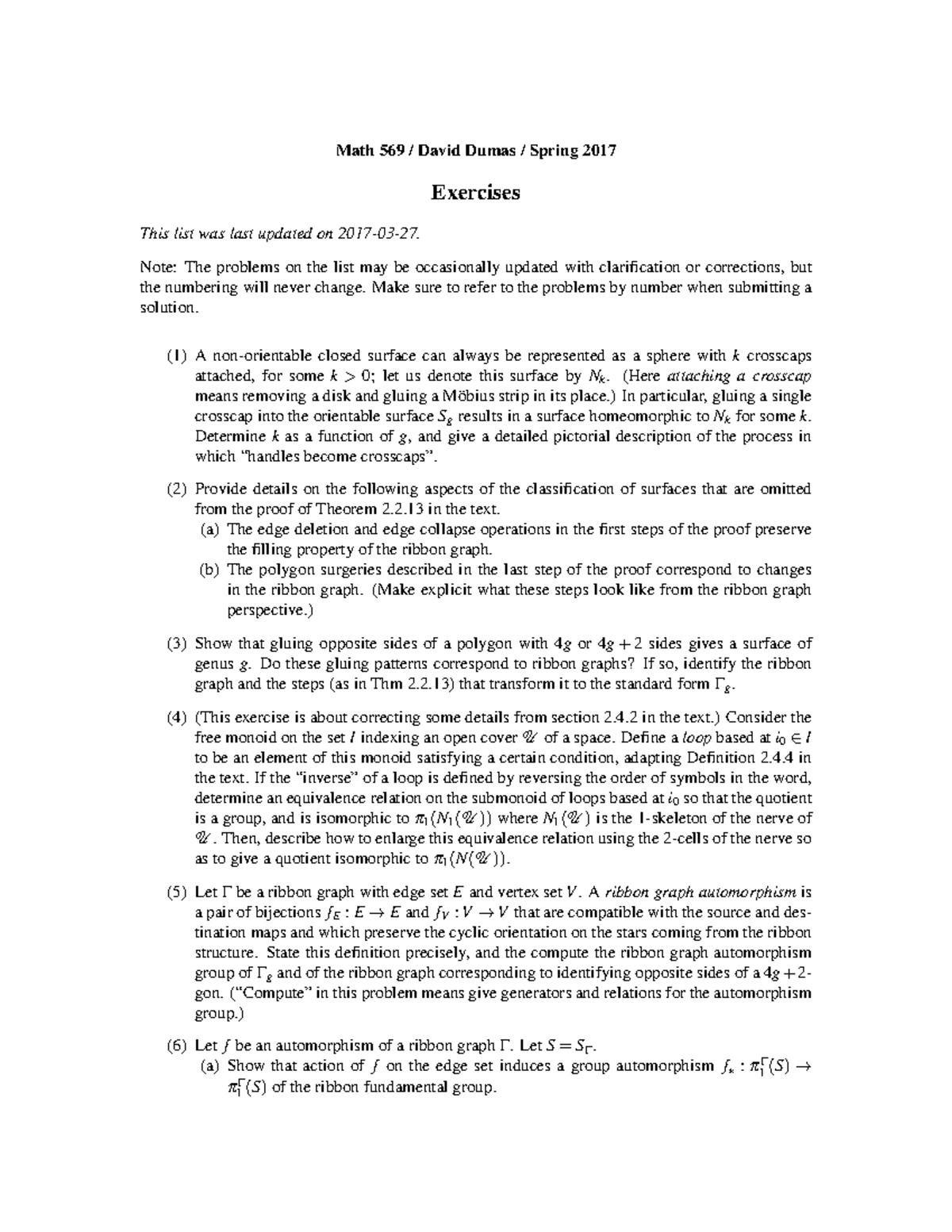 Math 569- all exercises - Math 569 David Dumas Spring 2017 Exercises ...