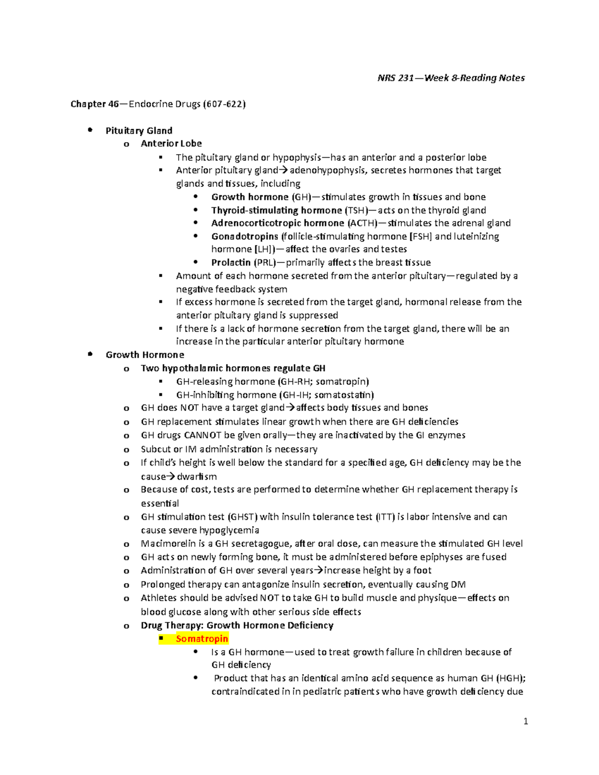 NRS 231-Week 8-Reading Notes - NRS 231—Week 8-Reading Notes Chapter 46 ...