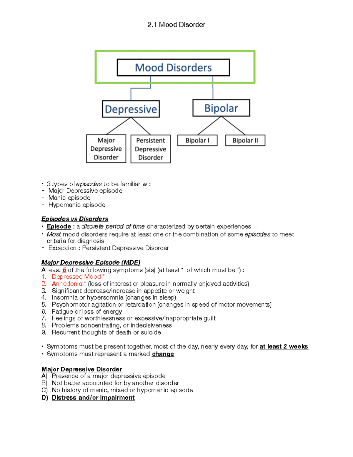 Mood Disorder Lecture Notes - 3 types of episodes to be familiar w ...