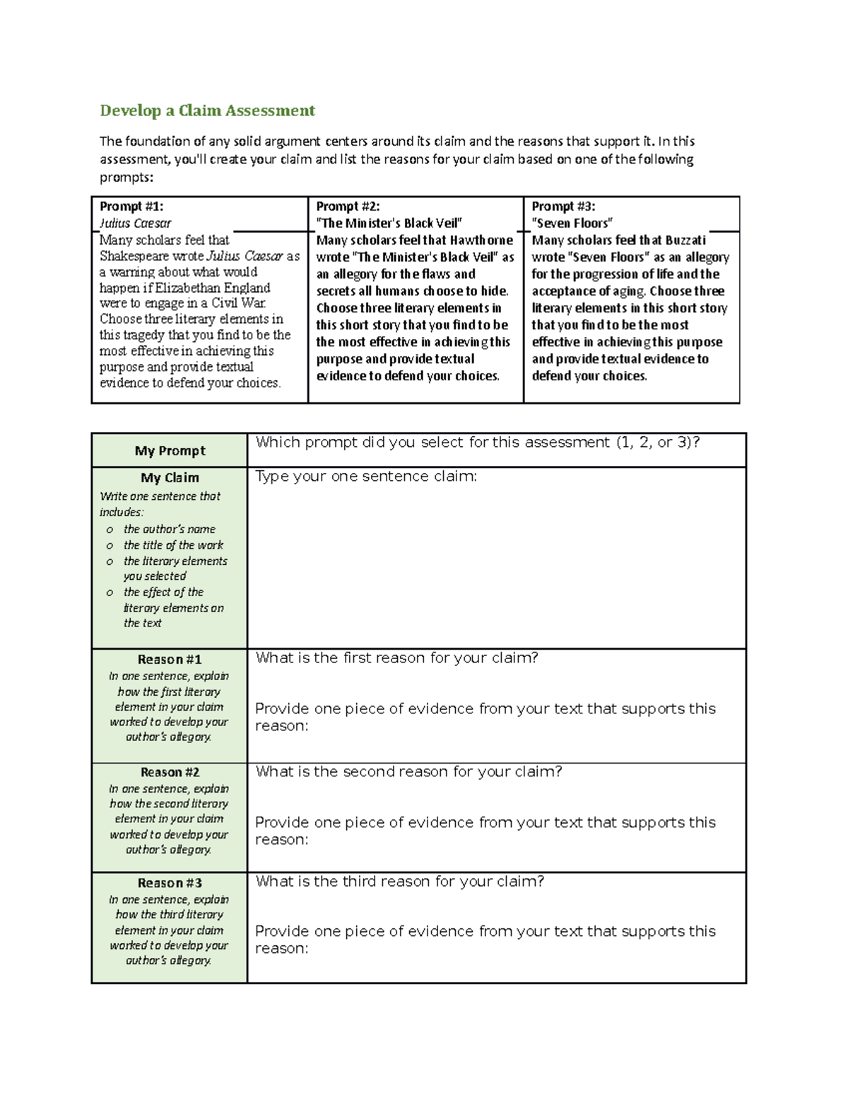 Develop a claim assess rubric - Develop a Claim Assessment The ...