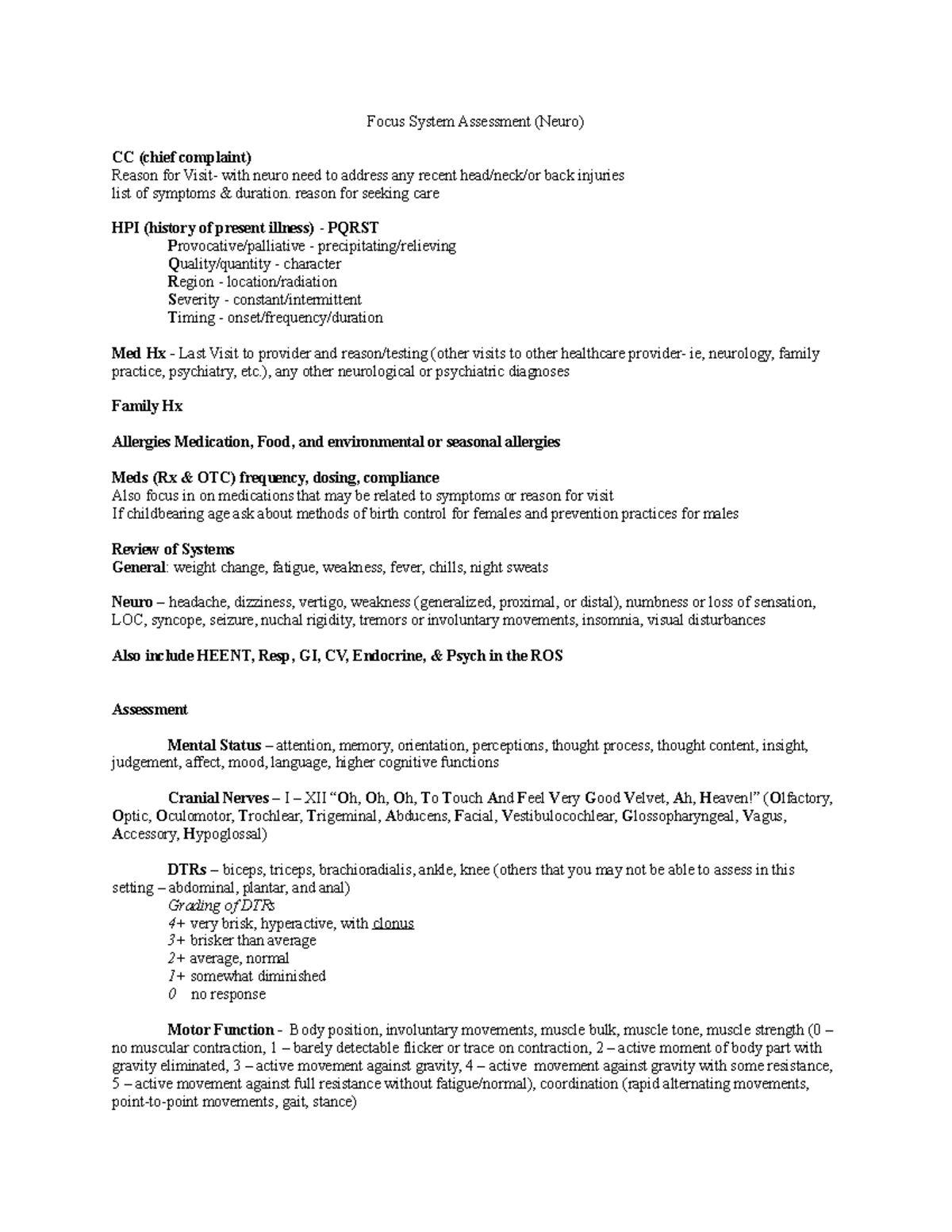 Focus System Assessment Neuro - reason for seeking care HPI (history of ...