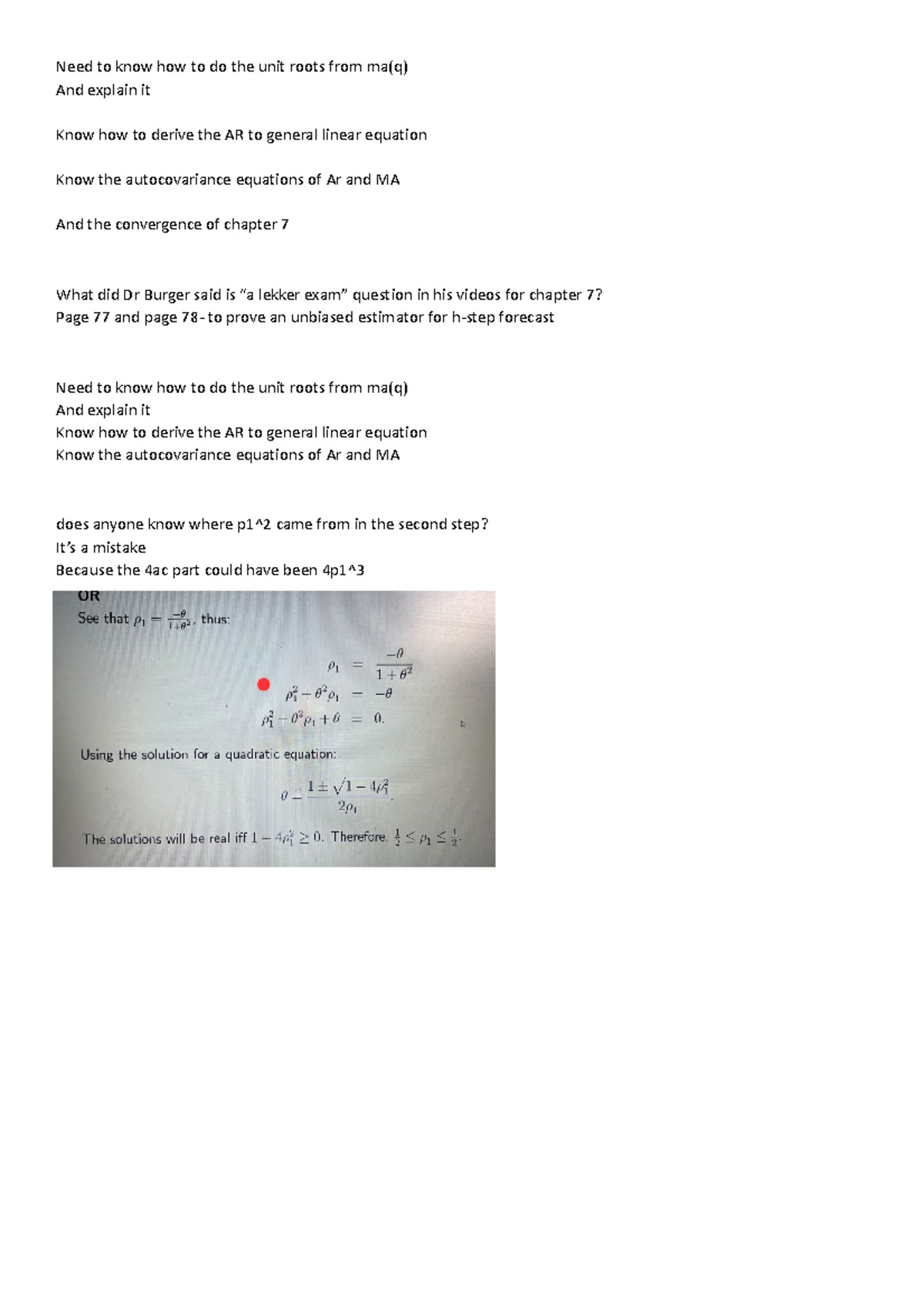 Exam Notes - Need to know how to do the unit roots from ma(q) And ...