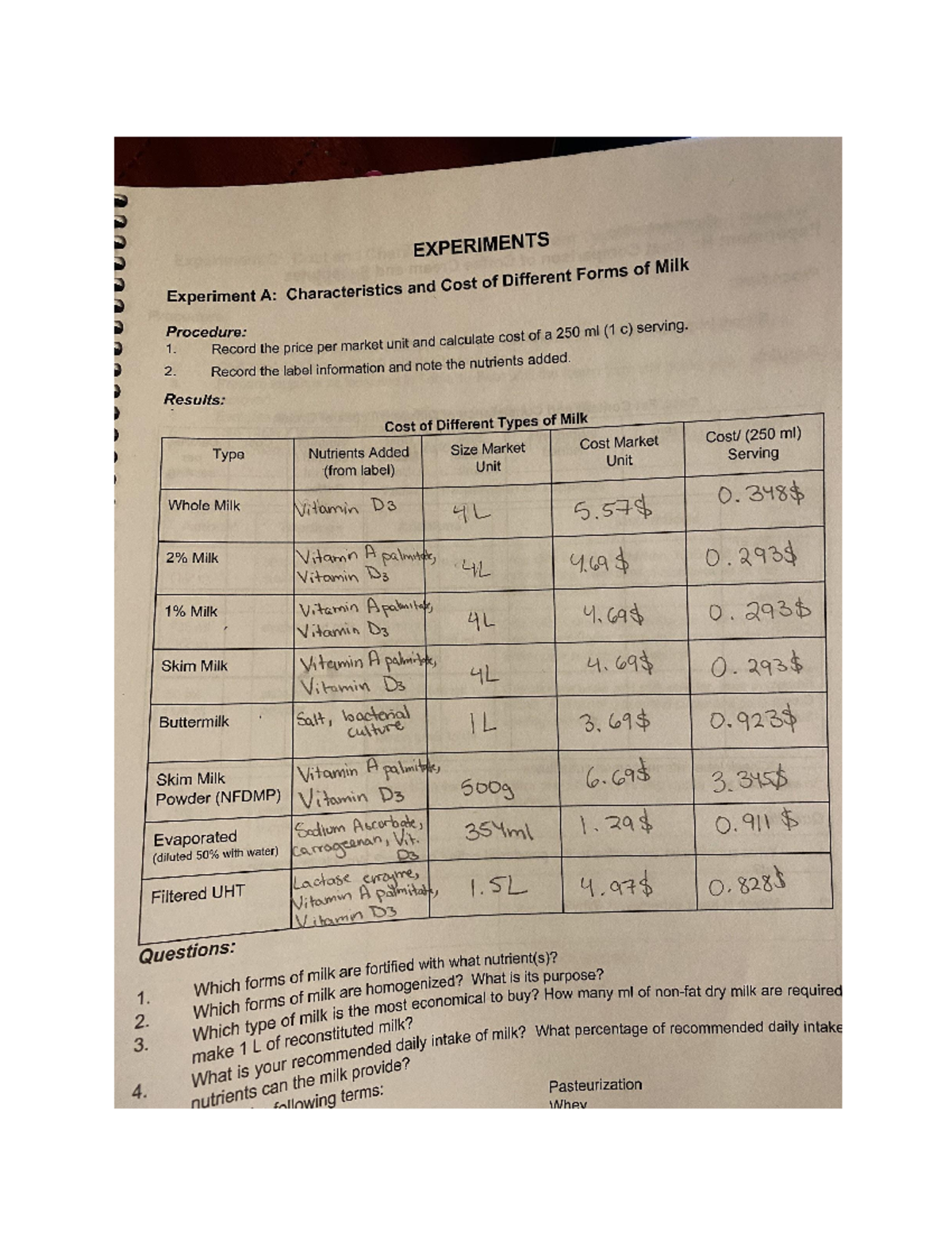 Assignment A - Milk costing - All milks are fortified with Vitamin D3 ...