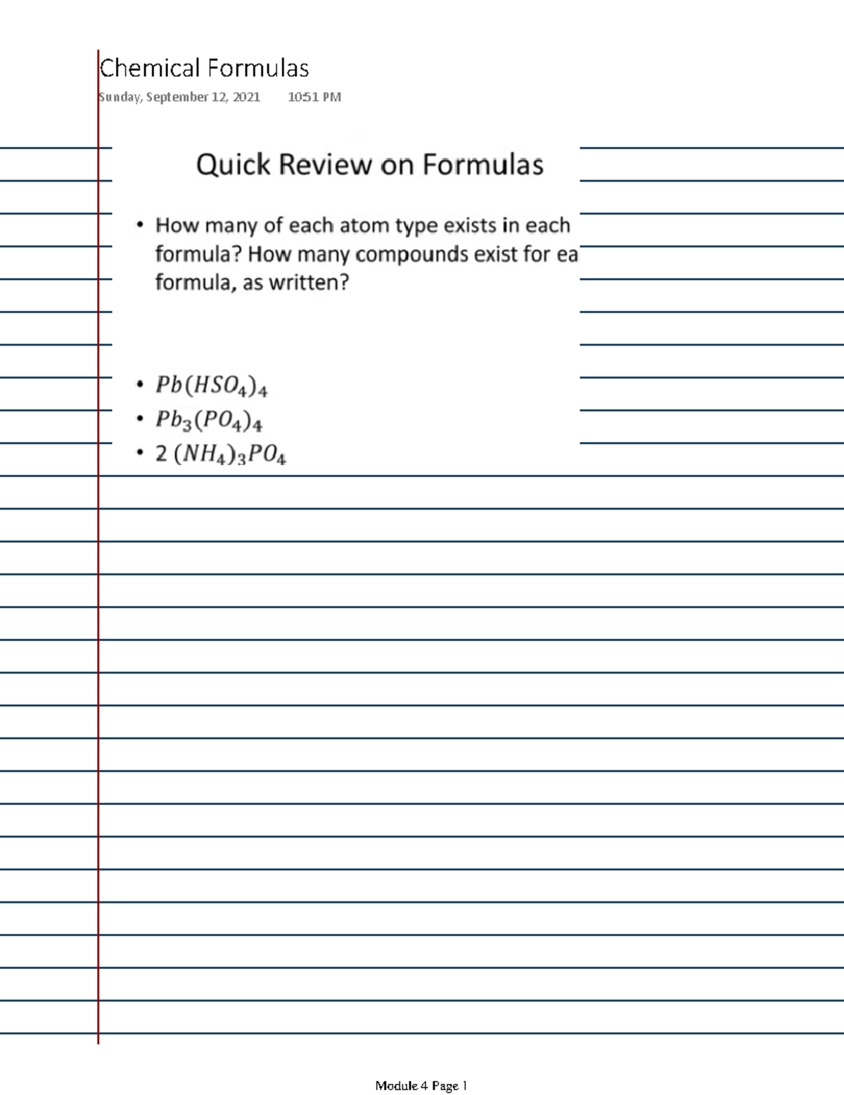 Module 4 - Lecture notes 27-36 - Chemical Formulas Sunday, September 12 ...