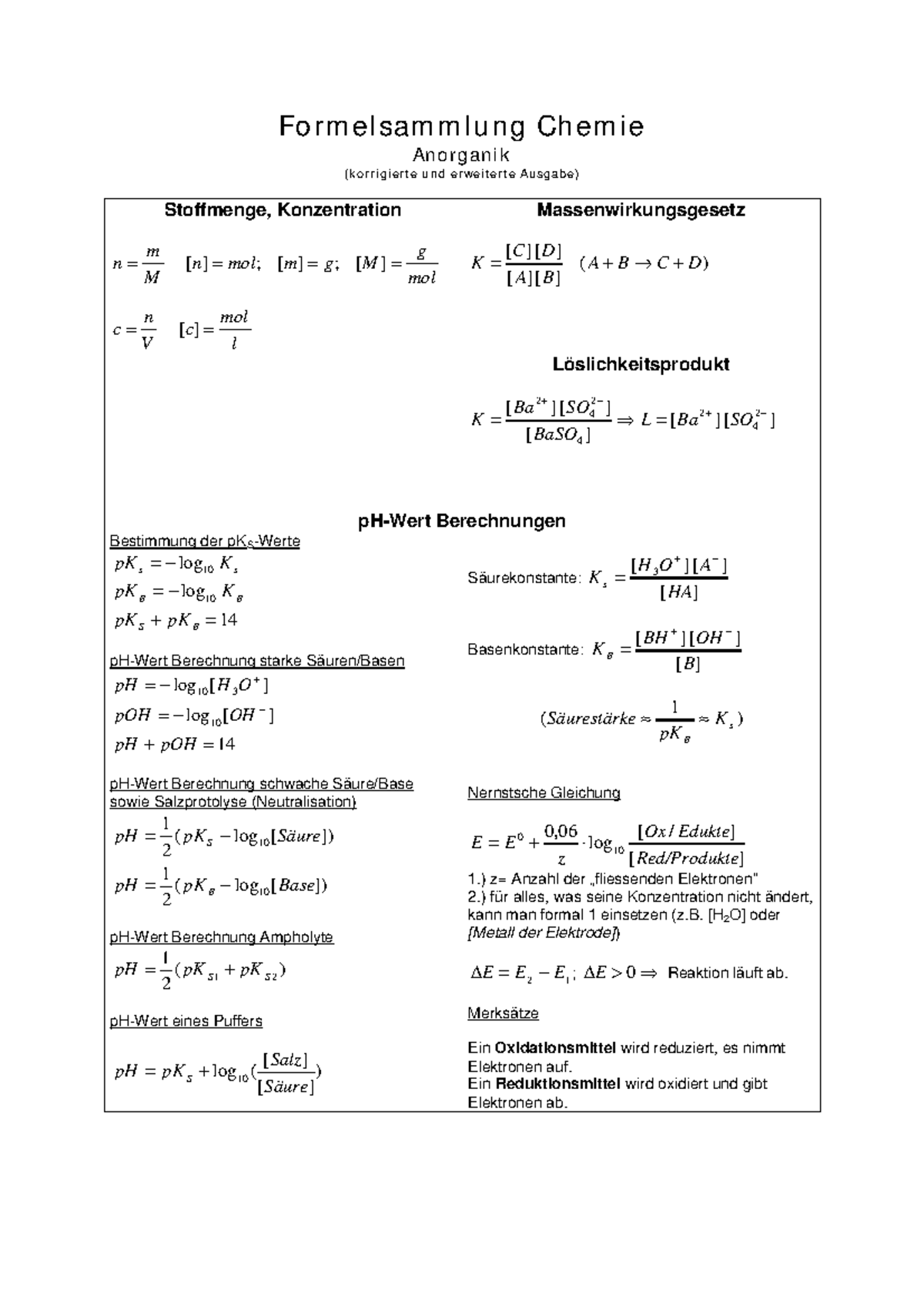 Formeln anorganik - Formelsammlung Chemie Anorganik (korrigierte und ...