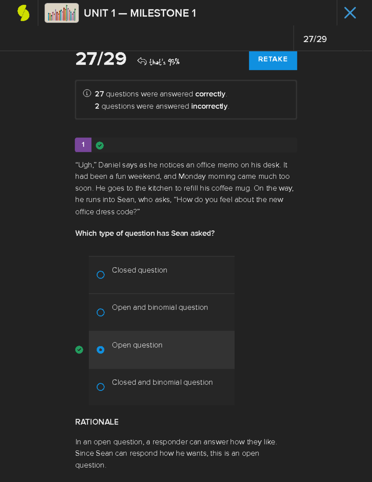 Sophia College Statistics Unit 1 Milestone 1 - 1 27 / 29 that's 93% ...