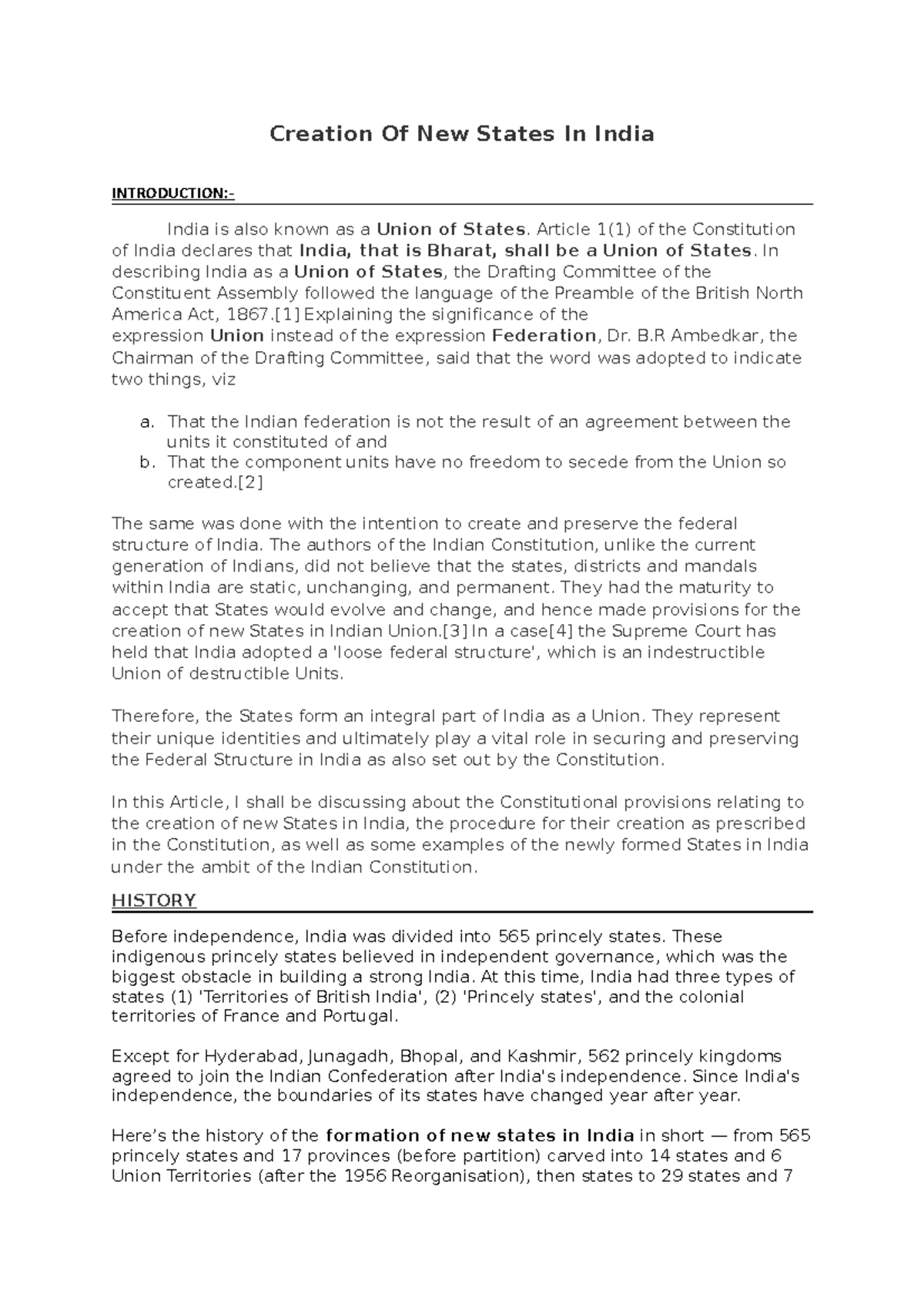 Consti - KKK - Creation Of New States In India INTRODUCTION:- India is ...