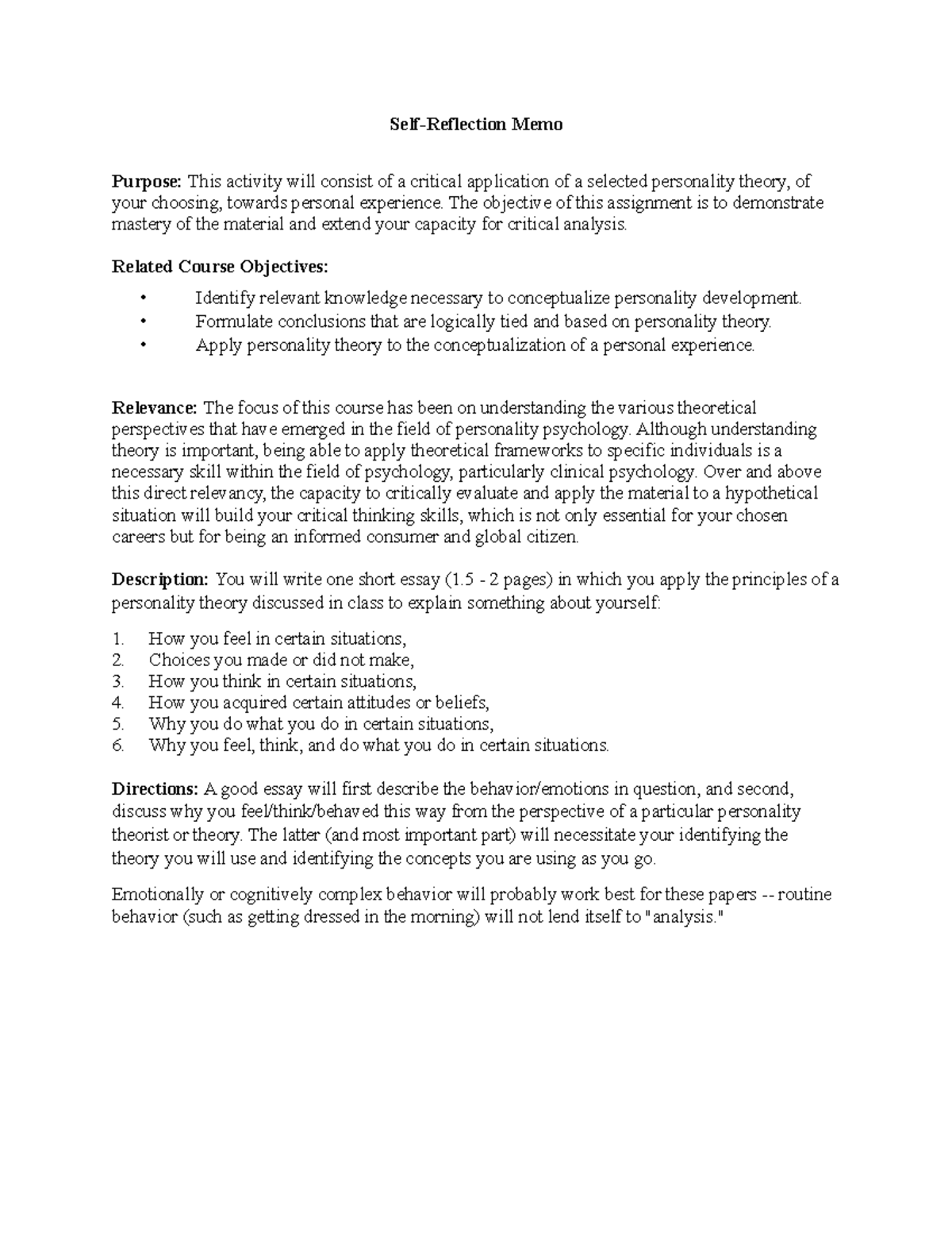 Self Reflection Memo Rubric - Self-Reflection Memo Purpose: This ...