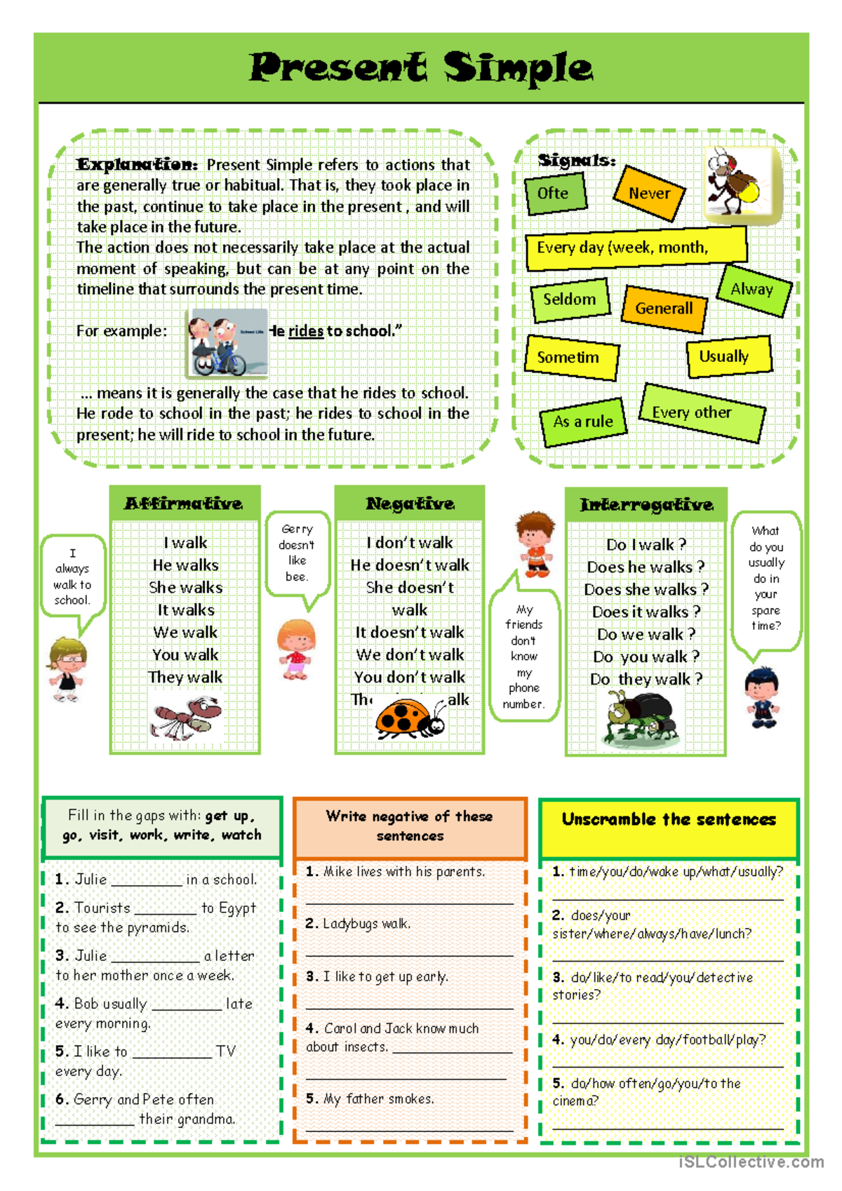 Present Simple worksheet JAN 11 - Signals: I walk He walks She walks It ...