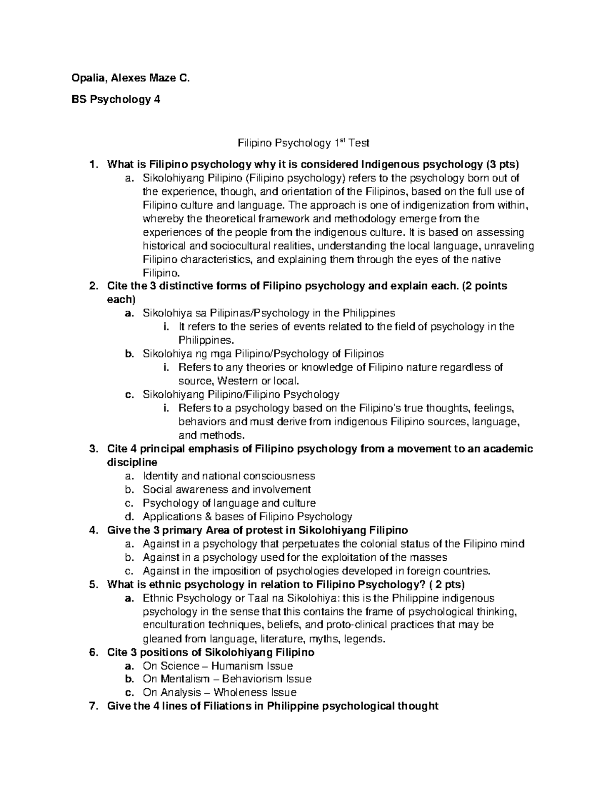 Fil Psych 1st Test - Opalia, Alexes Maze C. BS Psychology 4 Filipino ...