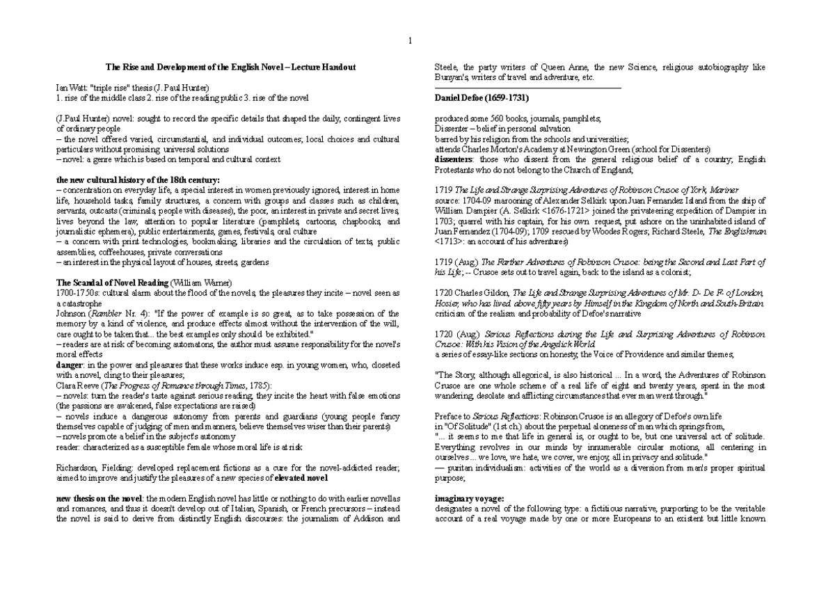 The Rise and Development of the English Novel - Lecture note - 1 The ...