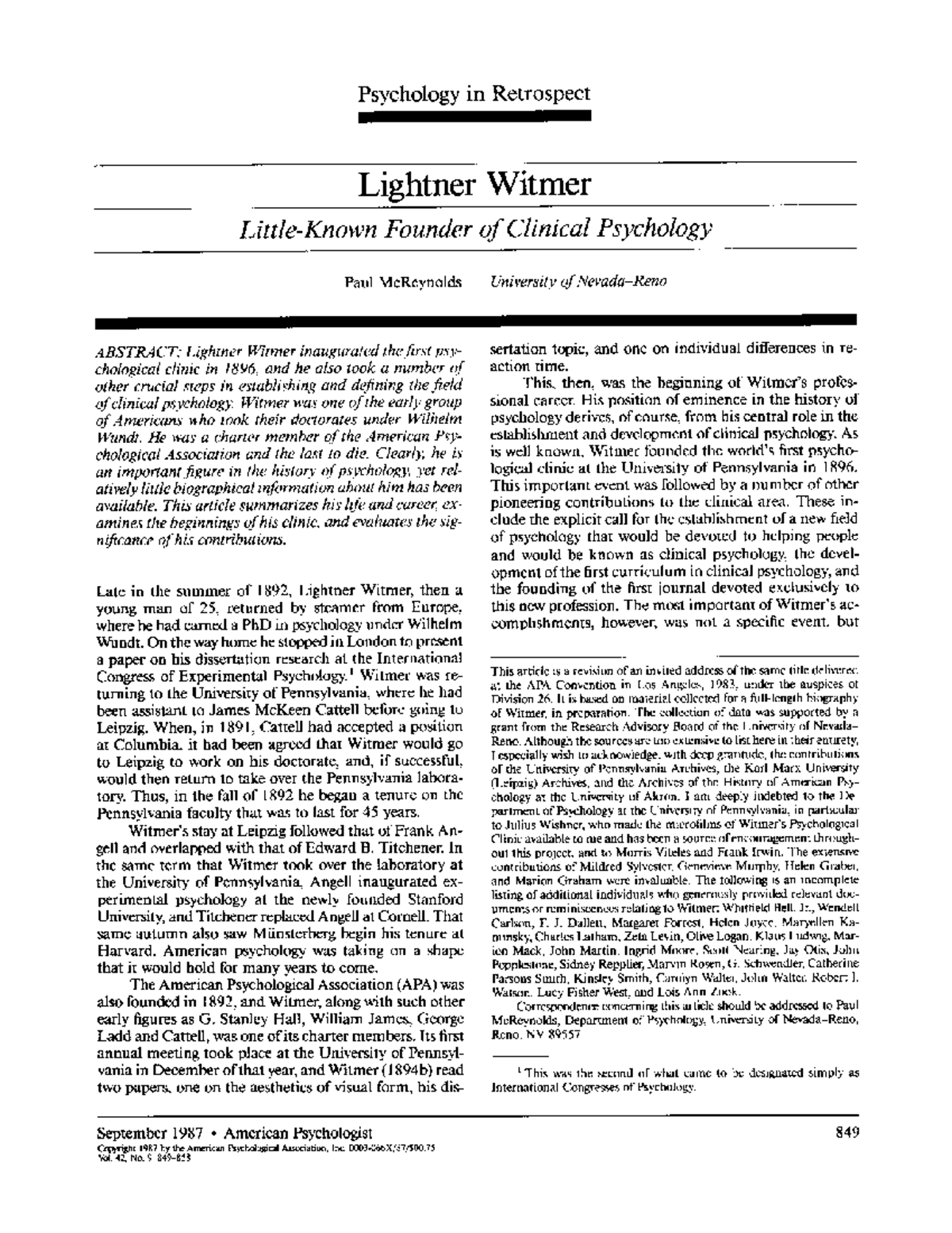 Witmer - Psychology in Retrospect Lightner Witmer Little-Known Founder ...