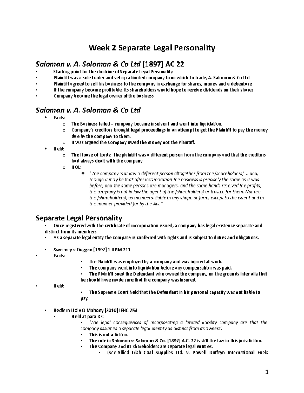 Week 2 Separate Legal personality - Week 2 Separate Legal Personality ...