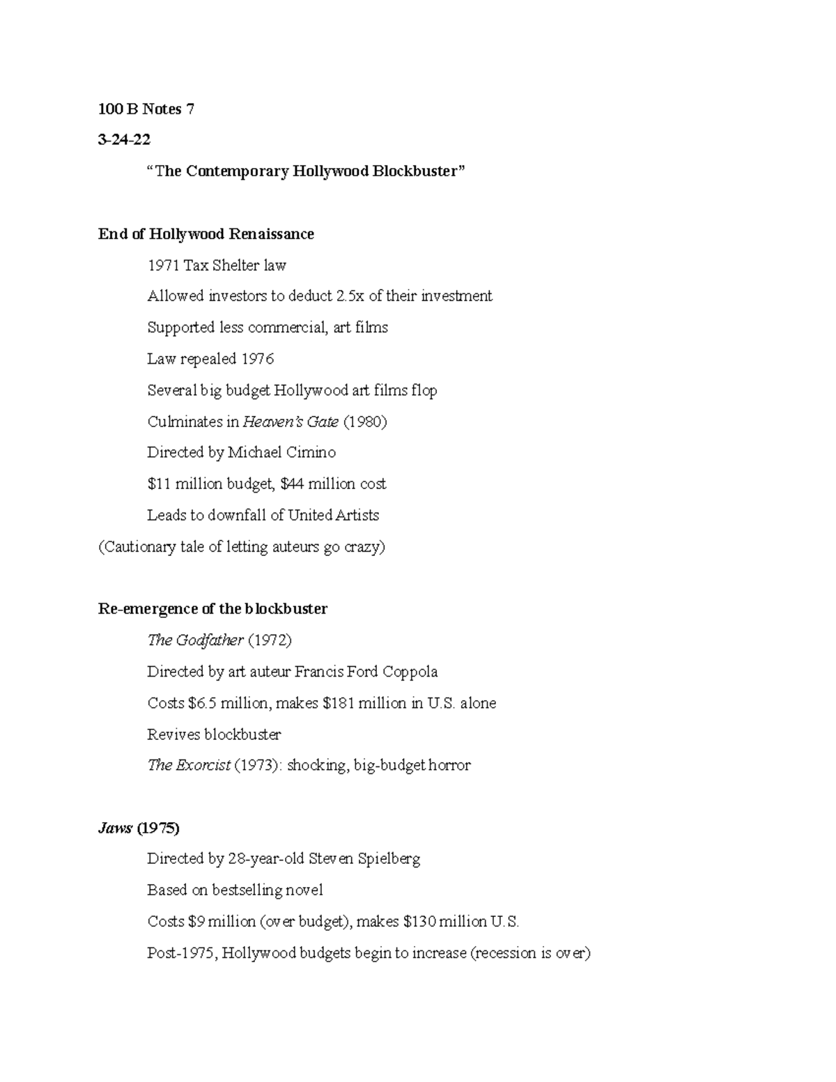 100 B Notes 7 - Dr. Schauer, big emphasis on blockbuster, which will be ...