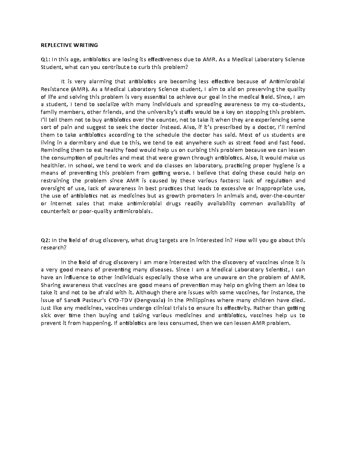 Reflective Writing IN Pharmacology - REFLECTIVE WRITING Q1: In this age ...