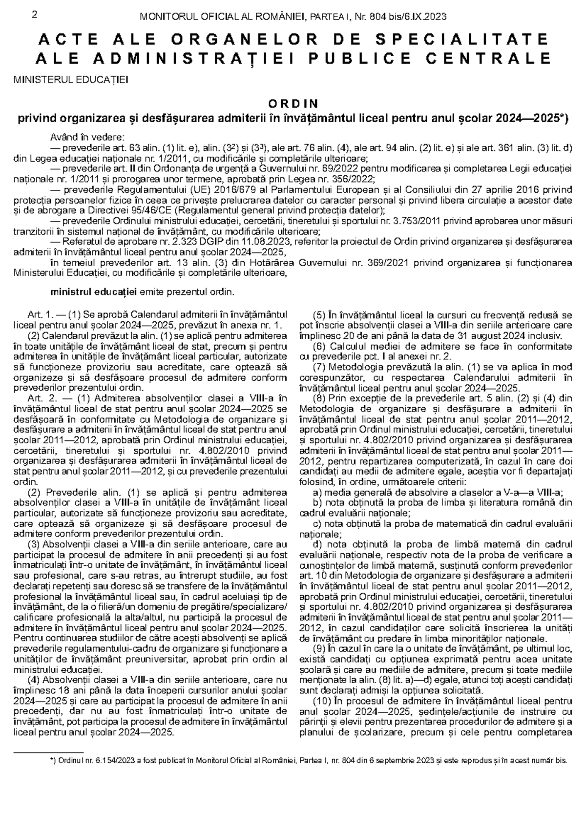 Admitere Liceu 2024 - A C T E A L E O R G A N E L O R D E S P E C I A L ...