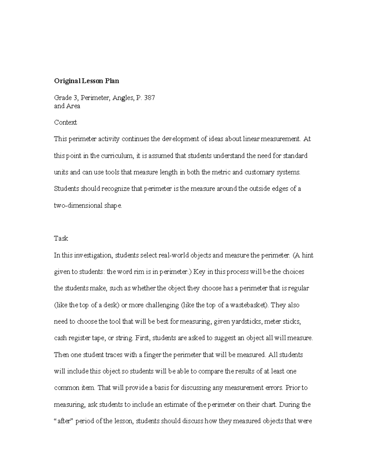 Geometry Lesson Plan - Original Lesson Plan Grade 3, Perimeter, Angles ...