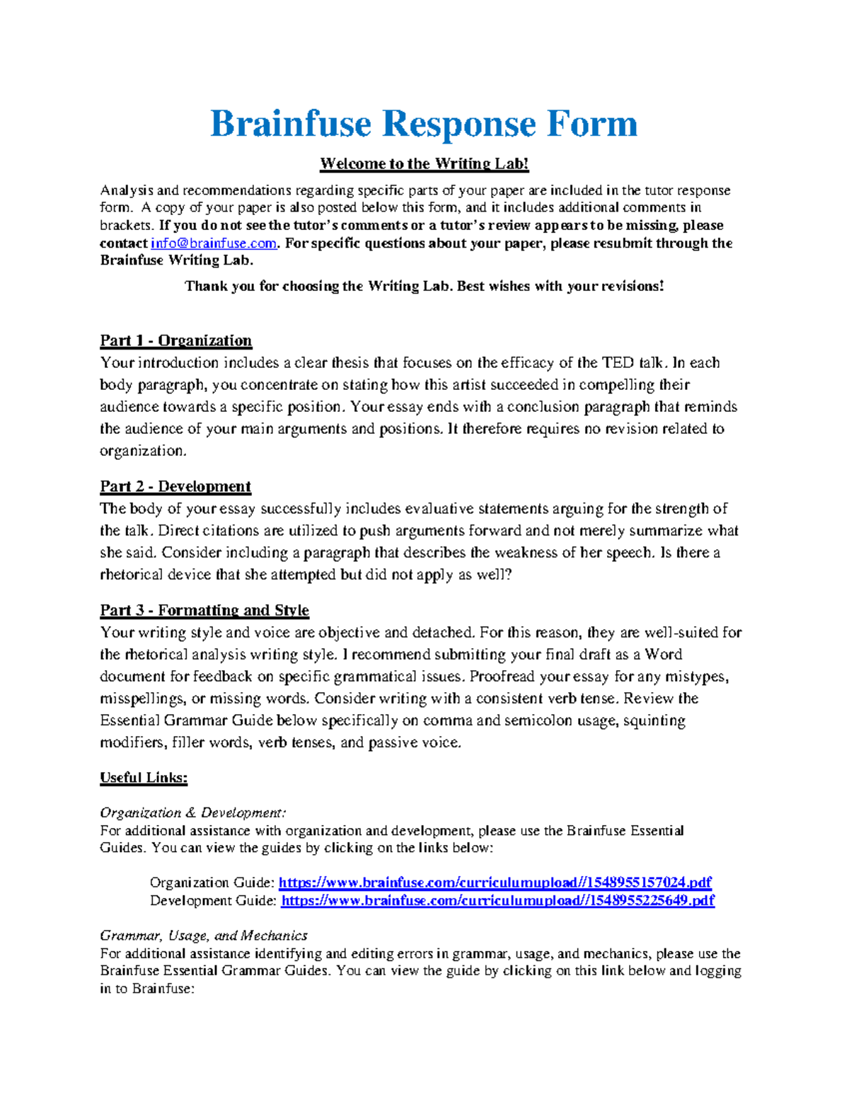 1 - Homework - Brainfuse Response Form Welcome to the Writing Lab ...