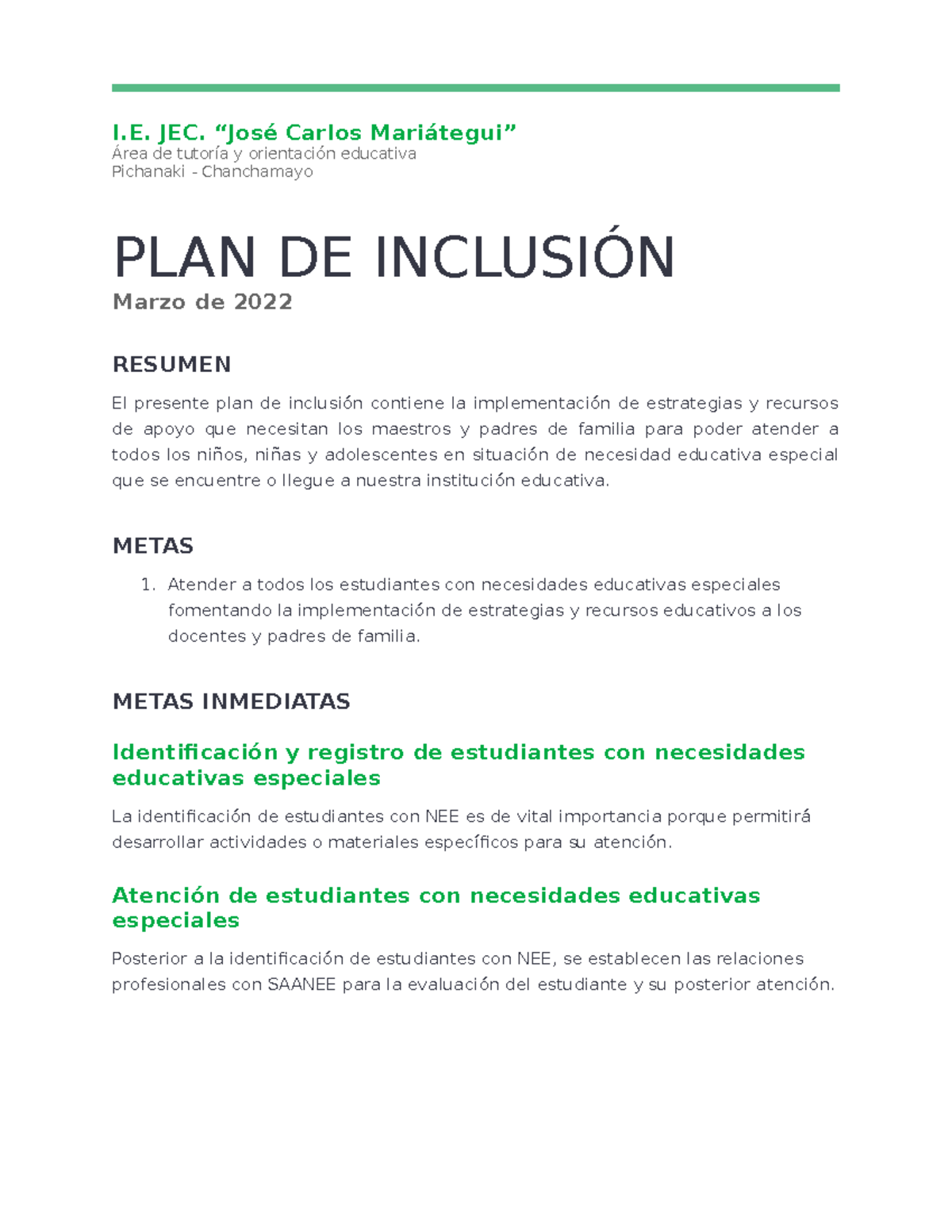 PLAN DE Inclusion - PLAN - I. JEC. “José Carlos Mariátegui” Área de ...