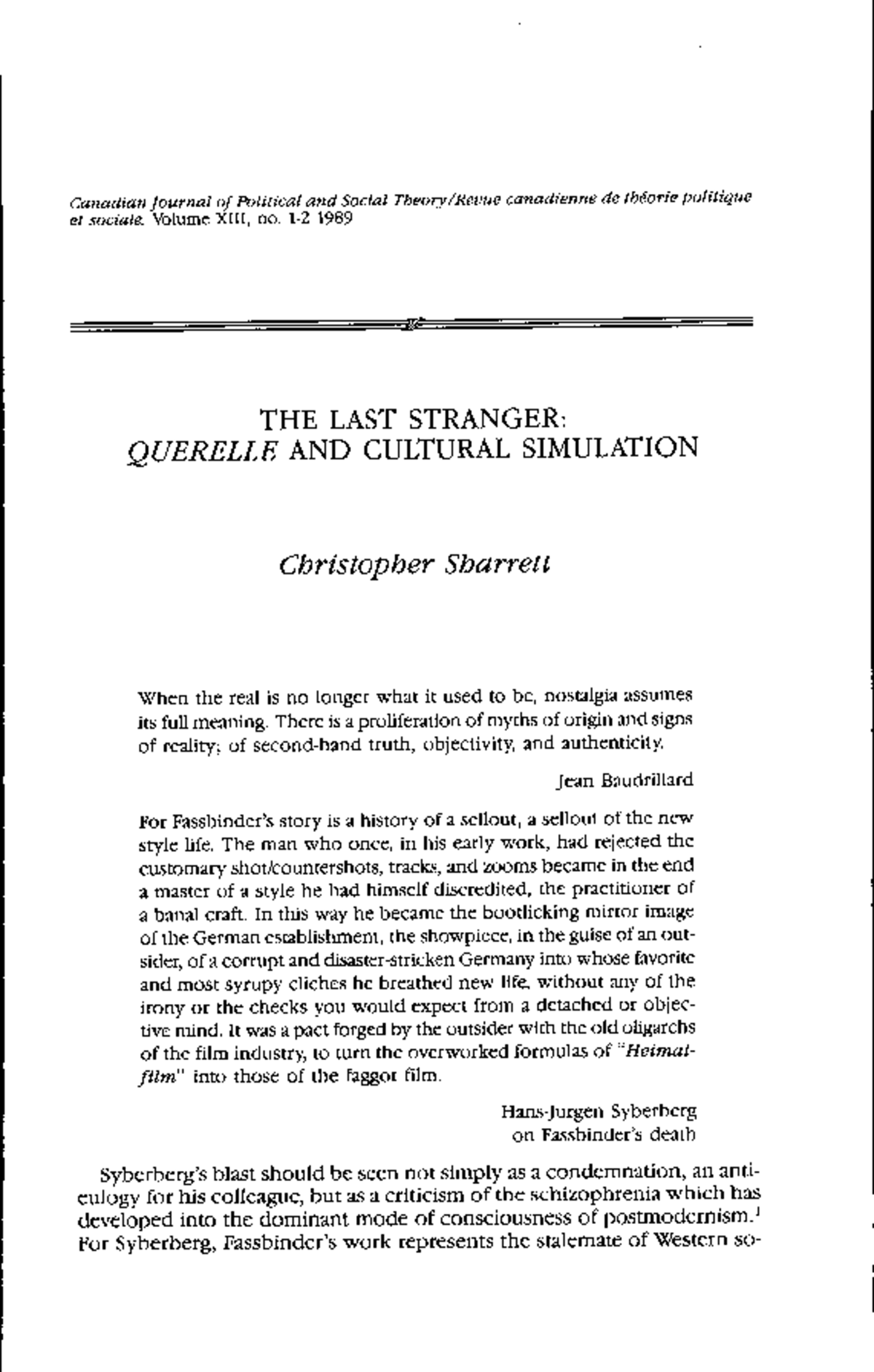 Querelle and Cultural Simulation - Christopher Sharrett - COMS 304 ...