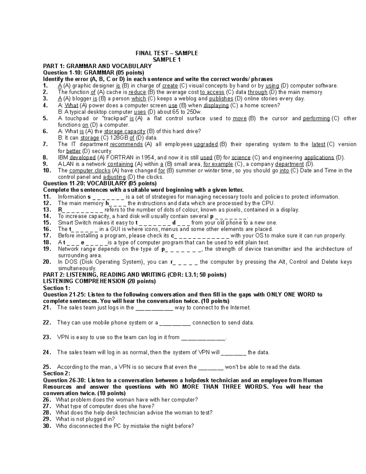 Final TEST - Sample - FINAL TEST – SAMPLE SAMPLE 1 PART 1: GRAMMAR AND ...