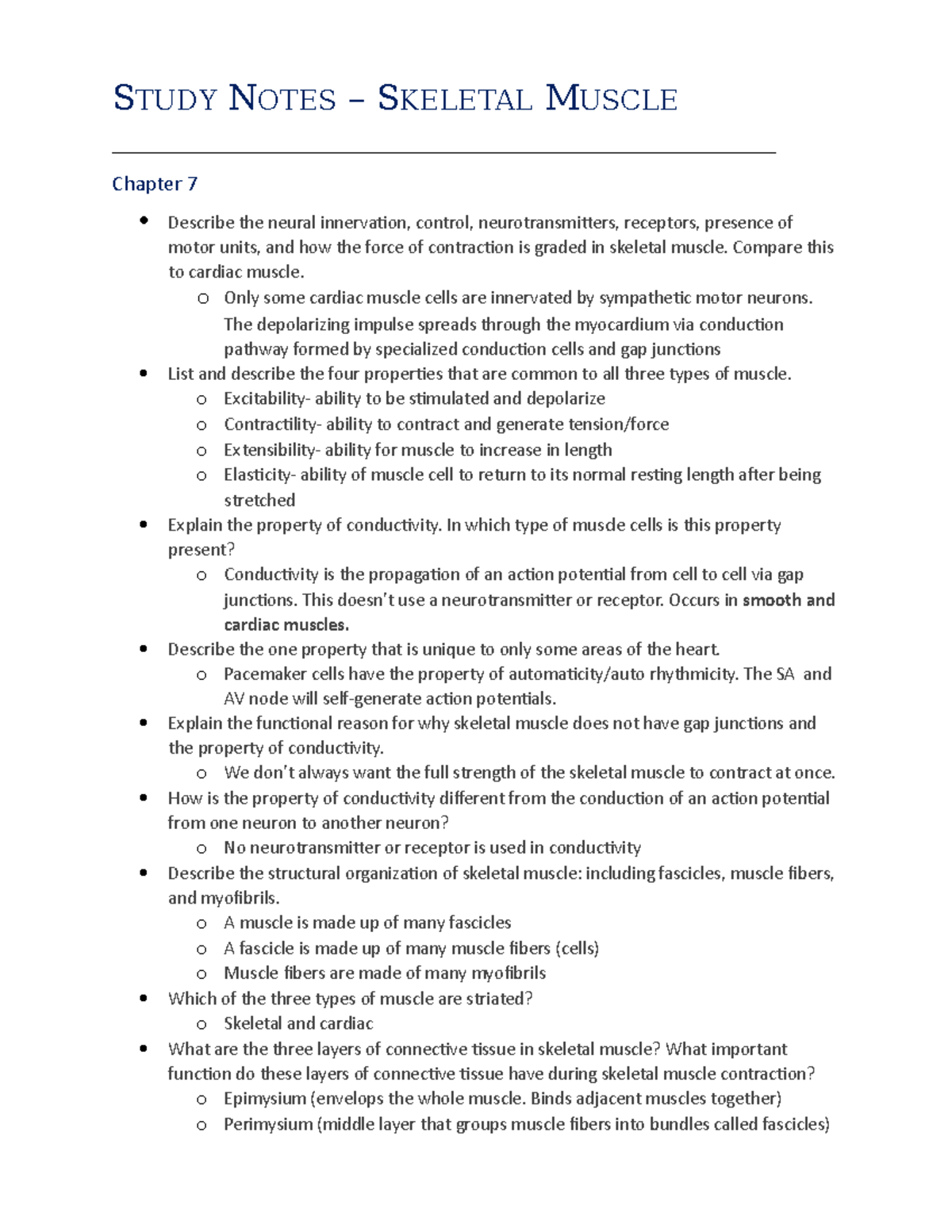 Study Notes Skeletal Muscle - STUDY NOTES – SKELETAL MUSCLE Chapter 7 ...