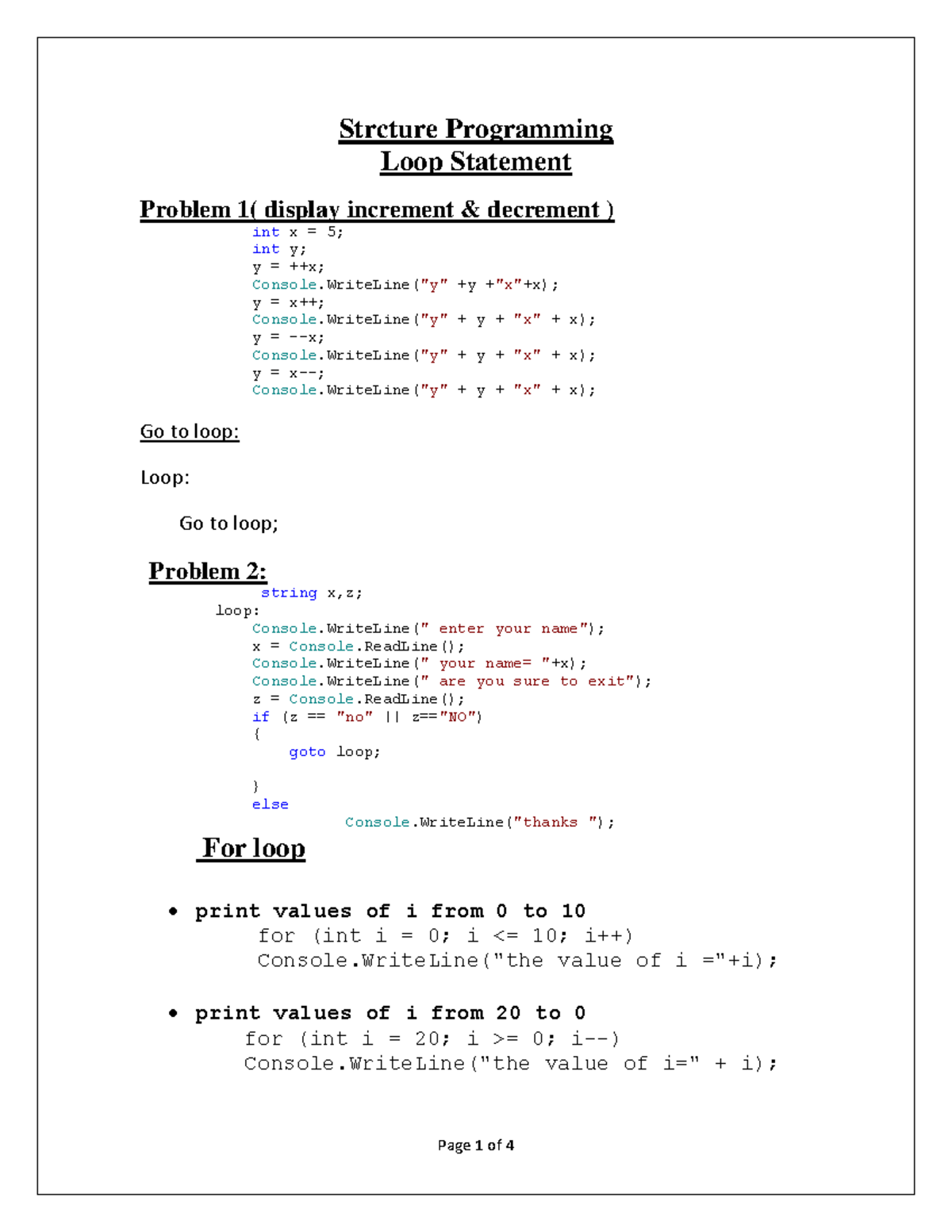 Loop Statement Strcture Programming Loop Statement Problem 1 Display Increment And Decrement 0468