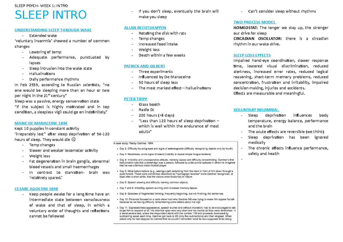 Week 1 - Sleep Intro Lecture Notes - SLEEP PSYCH- WEEK 1: INTRO SLEEP ...