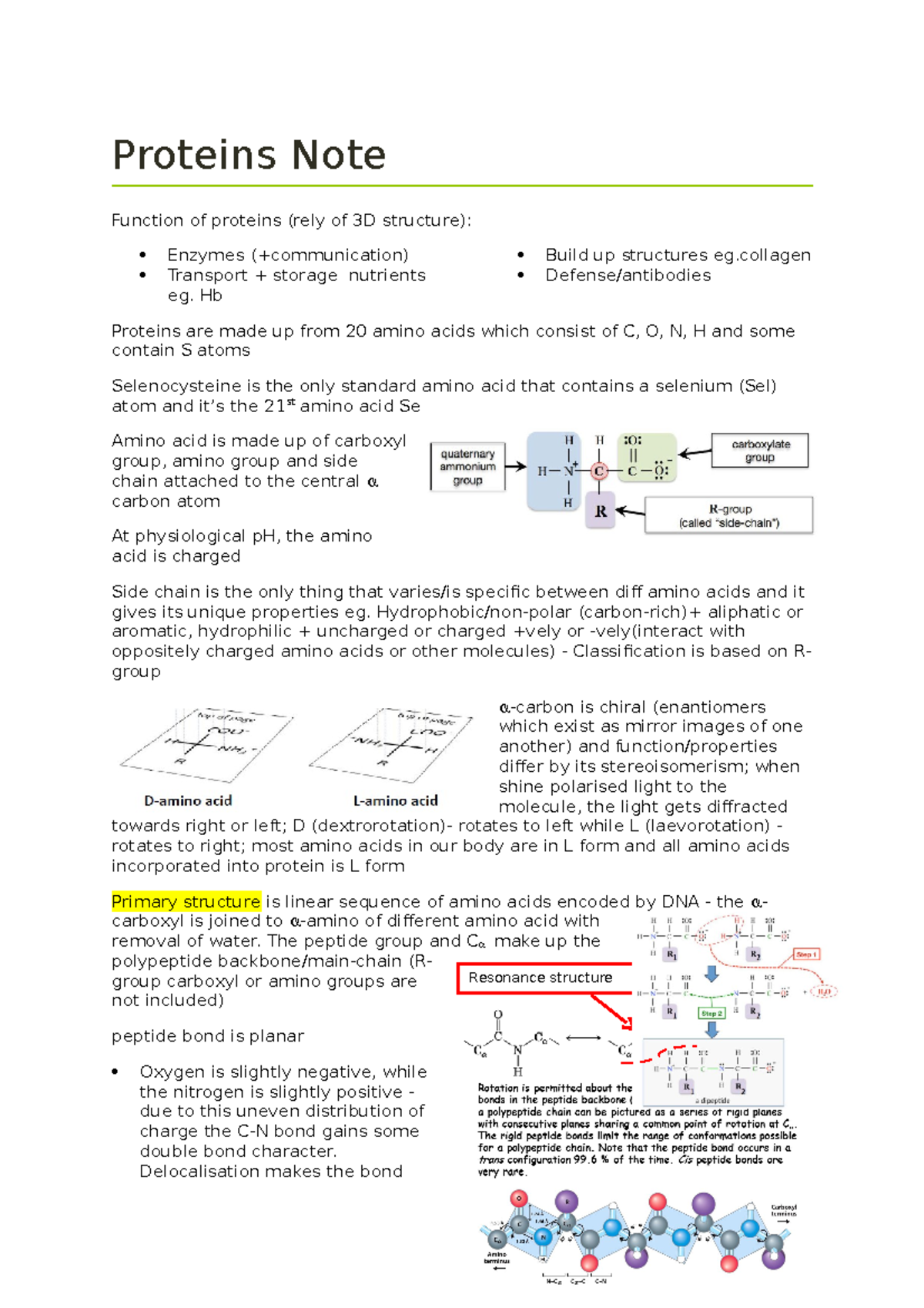 Proteins note - Note on protein (based on lecture notes and textbooks ...