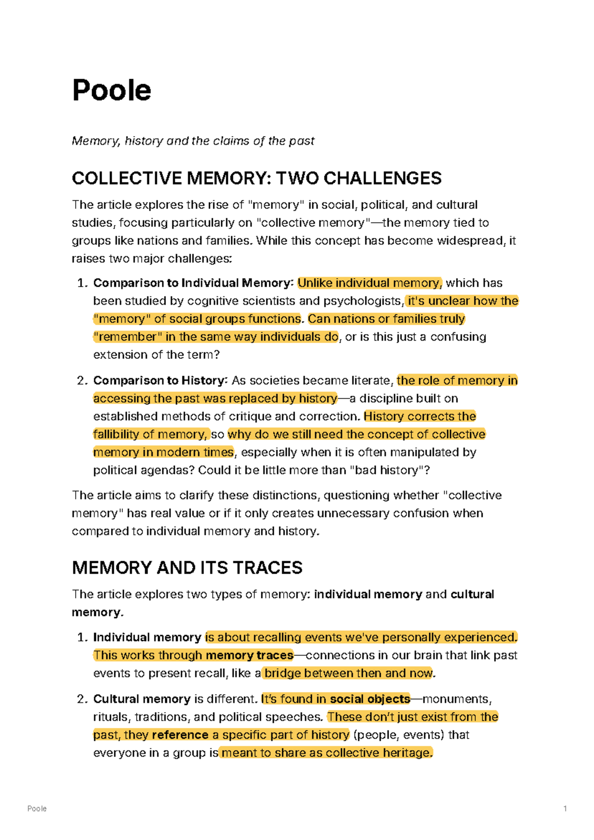 Notes - Poole - Memory, History and the Claims of the Past - Poole ...