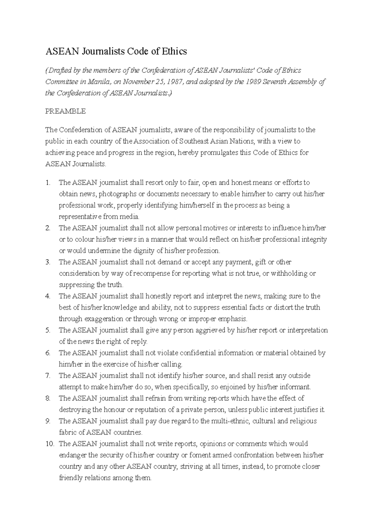Asean Journalists Code of Ethics - ASEAN Journalists Code of Ethics ...