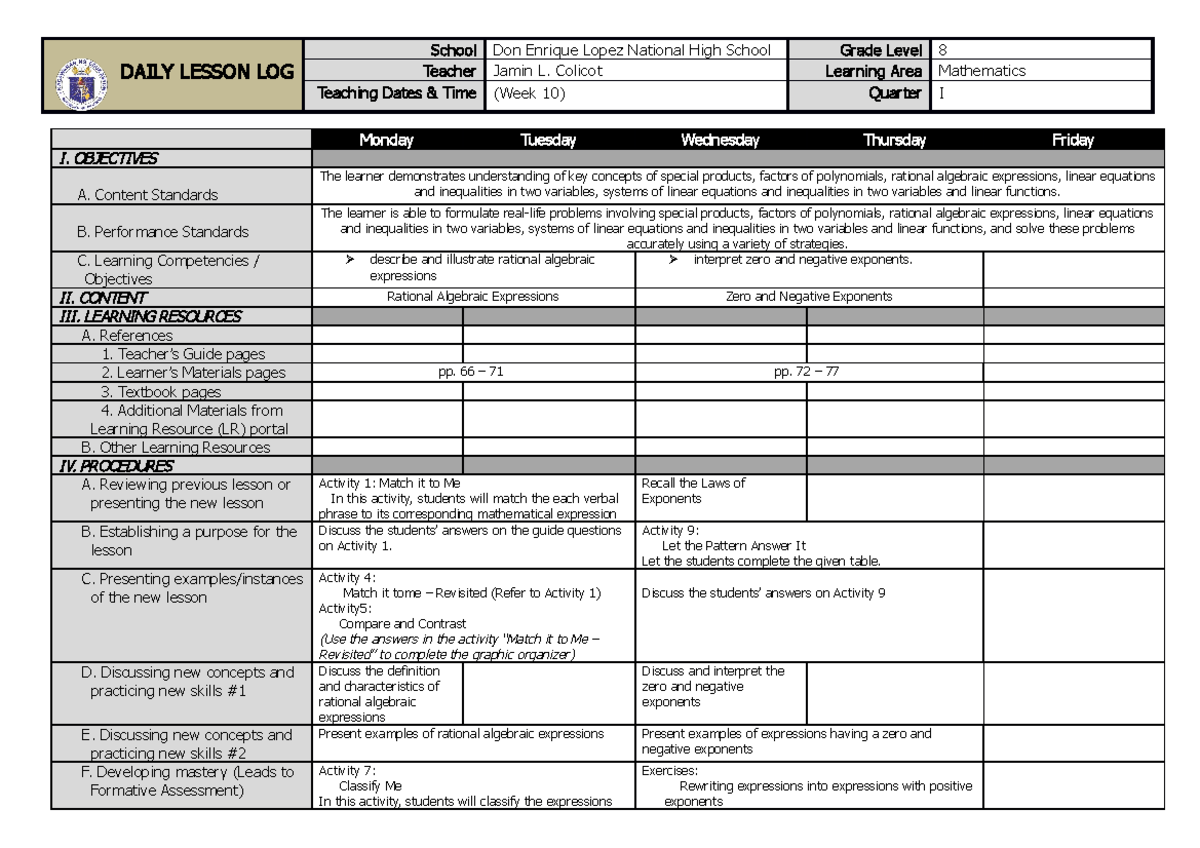 Sample Grade 8 DLL Q1W10 - DAILY LESSON LOG School Don Enrique Lopez ...
