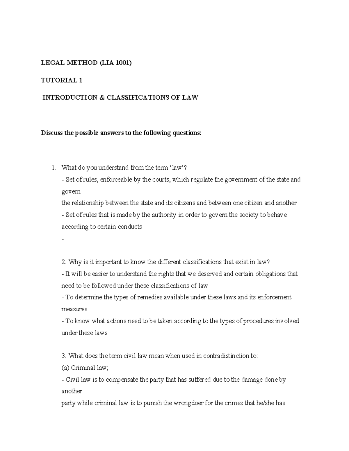 Tutorial 1 Introduction and Classification-LM - LEGAL METHOD (LIA 1001) TUTORIAL 1 INTRODUCTION ...
