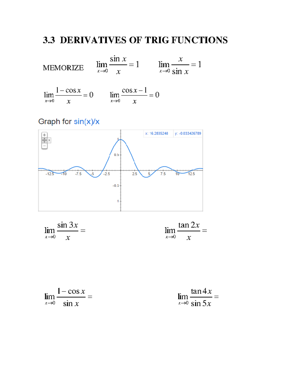 Math 151 lecture notes - 3 DERIVATIVES OF TRIG FUNCTIONS MEMORIZE 1 sin ...