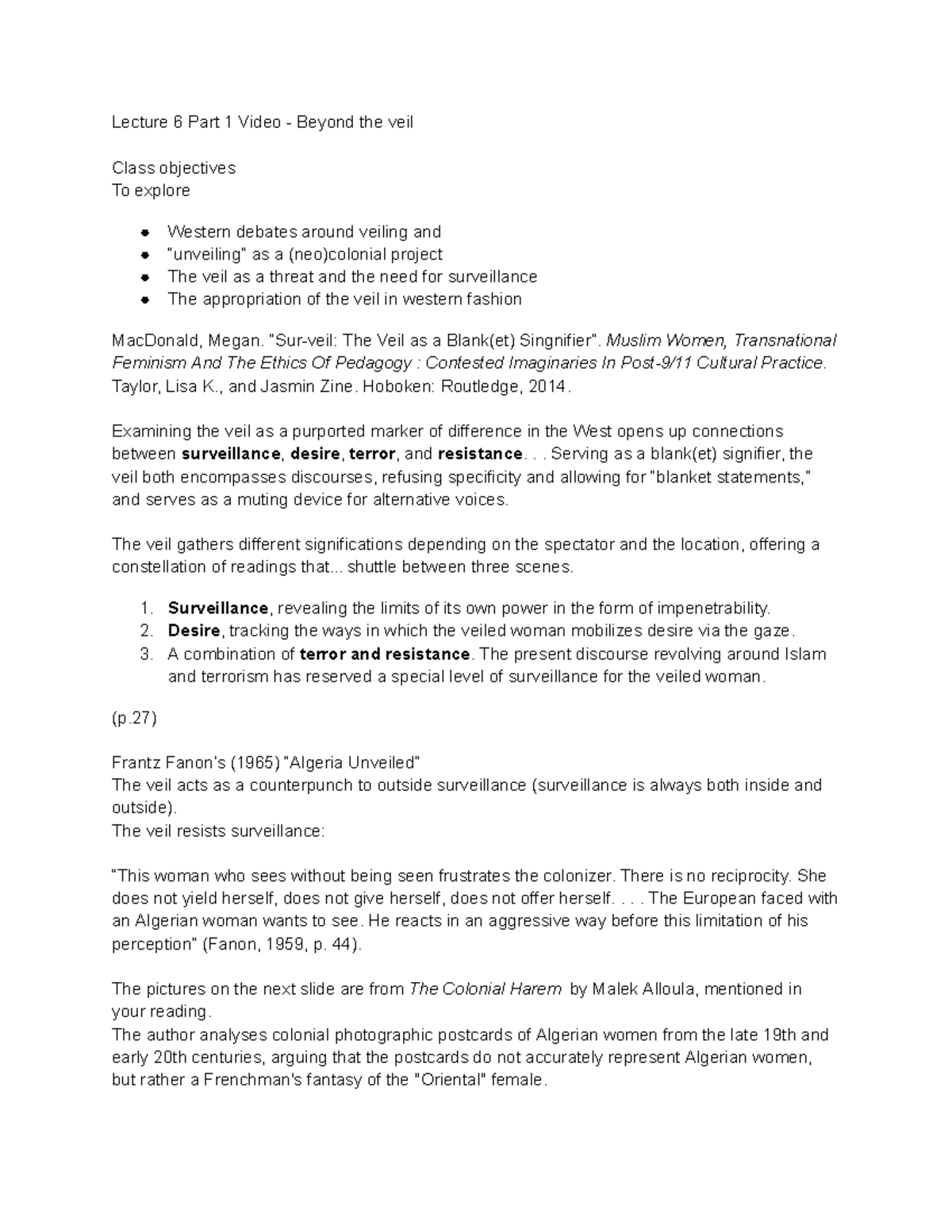 HUMR3302 - Lecture 6 - Lecture 6 Part 1 Video - Beyond the veil Class objectives To explore ...