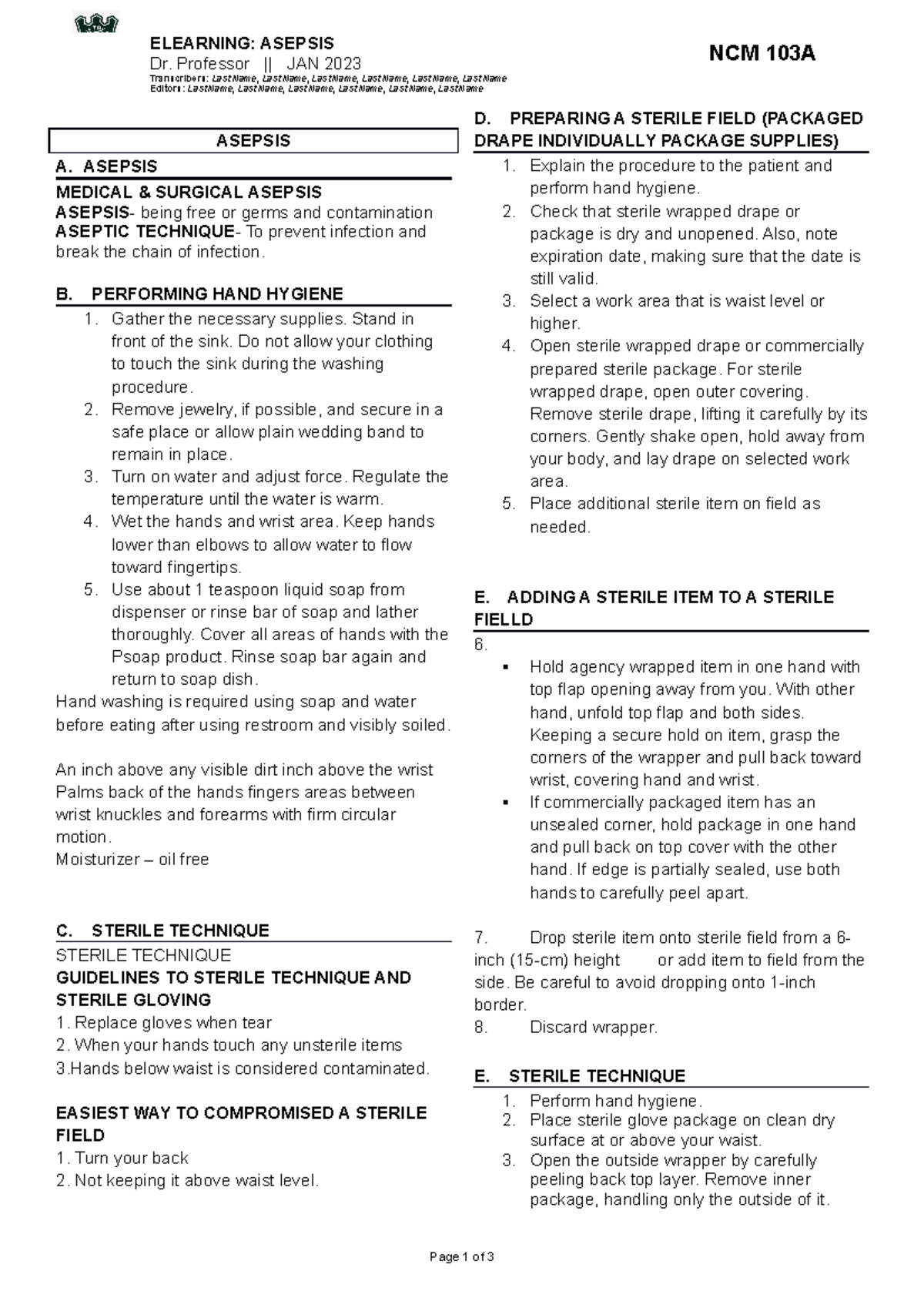 Trans Template Lecture-v1 - ELEARNING: ASEPSIS Dr. Professor || JAN ...