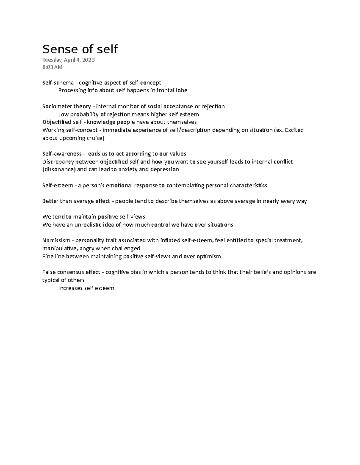 Sense of self notes - Professor McMillon - Sense of self Tuesday, April ...