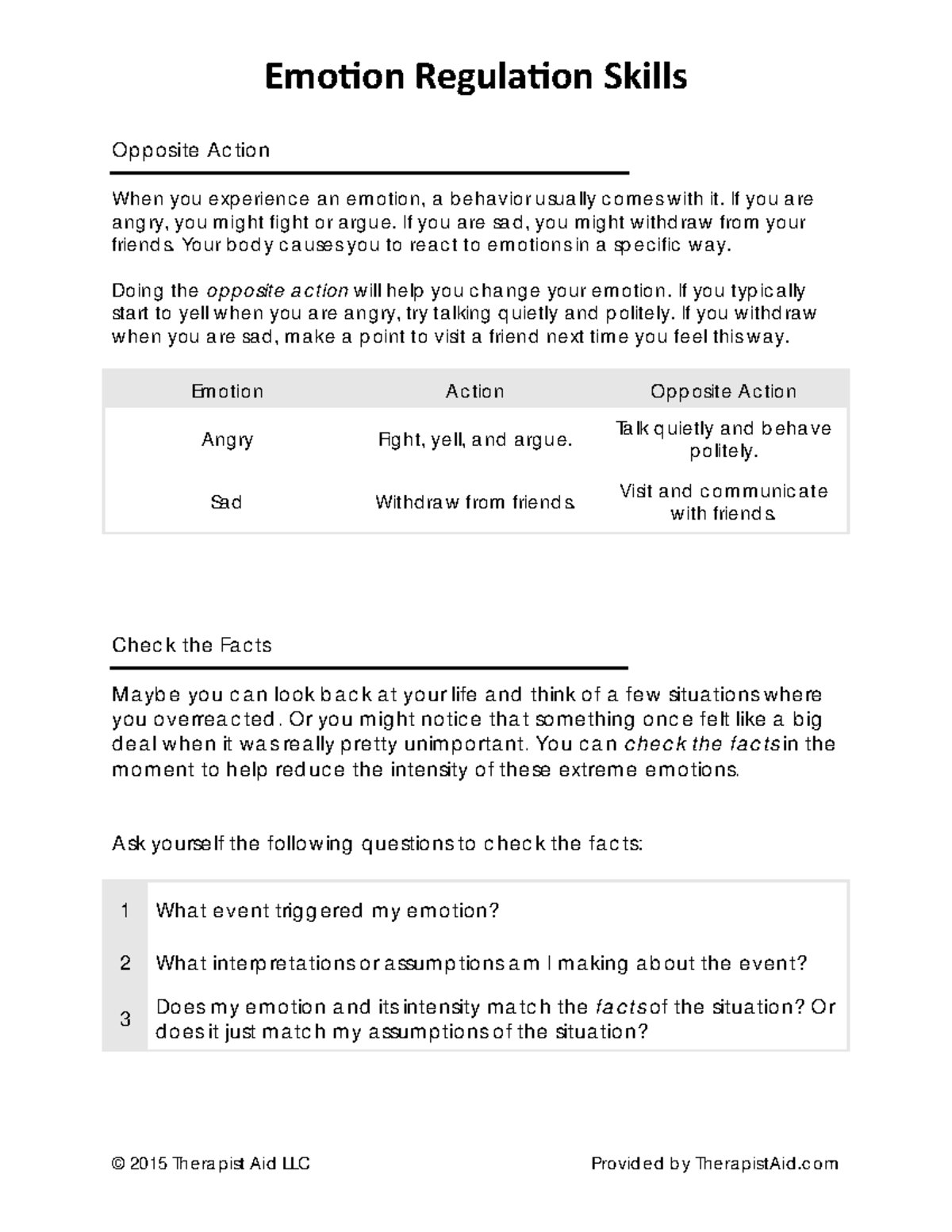 DBT Emotion Regulation Worksheet - Emotion Regulation Skills © 2015 The ...